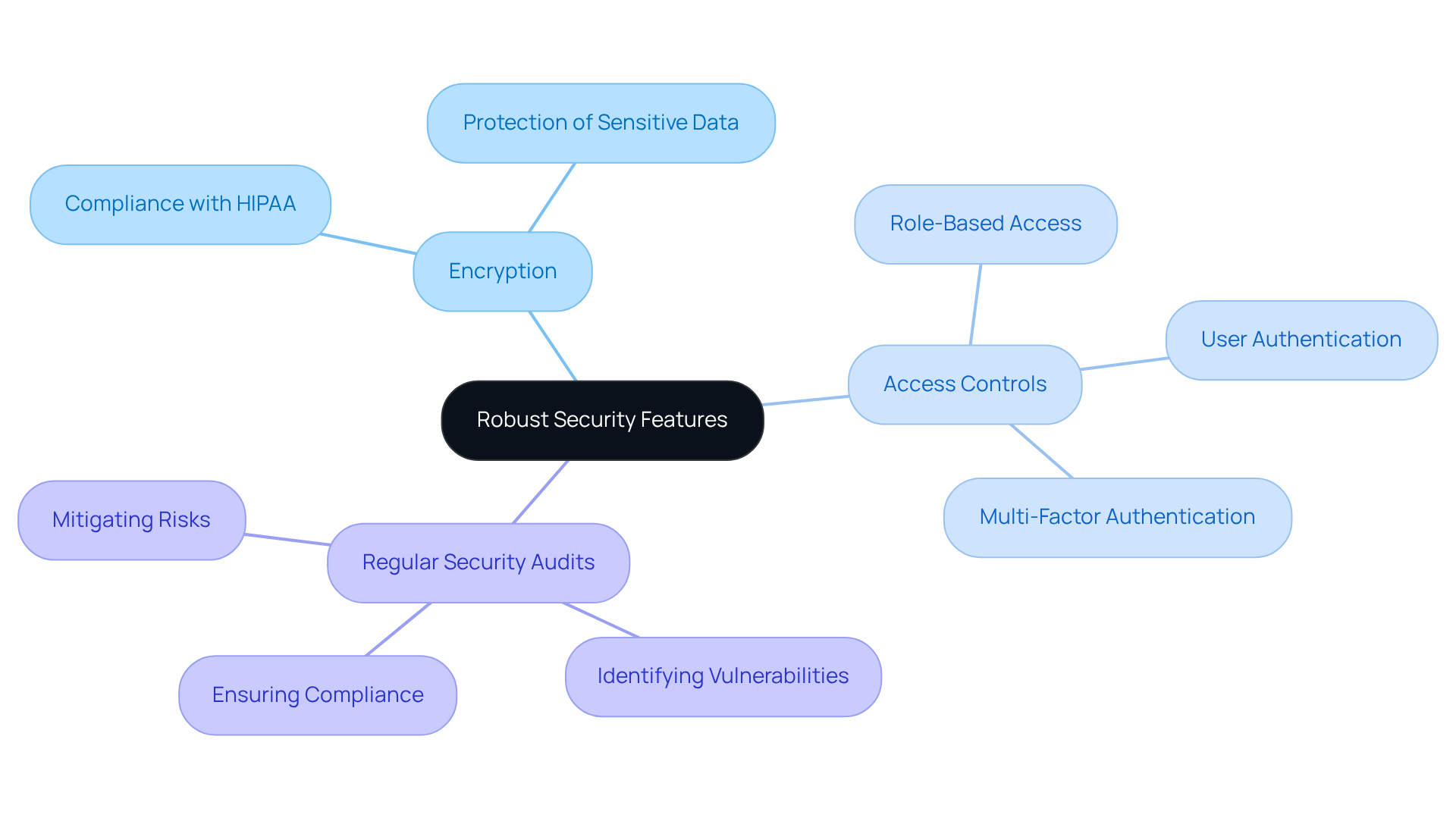 The center represents the main theme of security features, while the branches show specific components and their significance in protecting sensitive information and ensuring compliance.