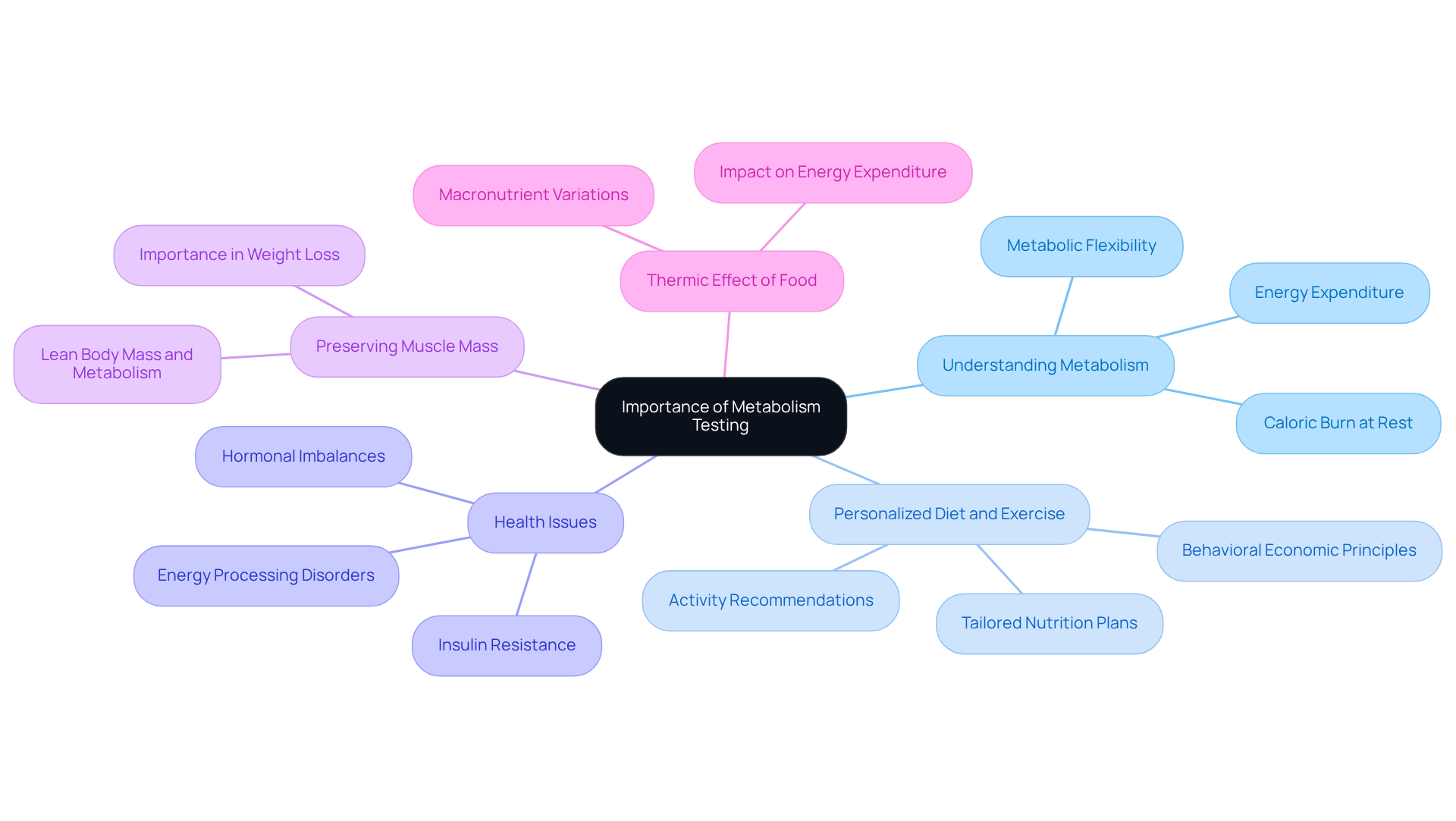 The center represents the main idea of metabolism testing, while the branches show related topics. Each branch helps you understand different aspects of how metabolism affects health and weight management.