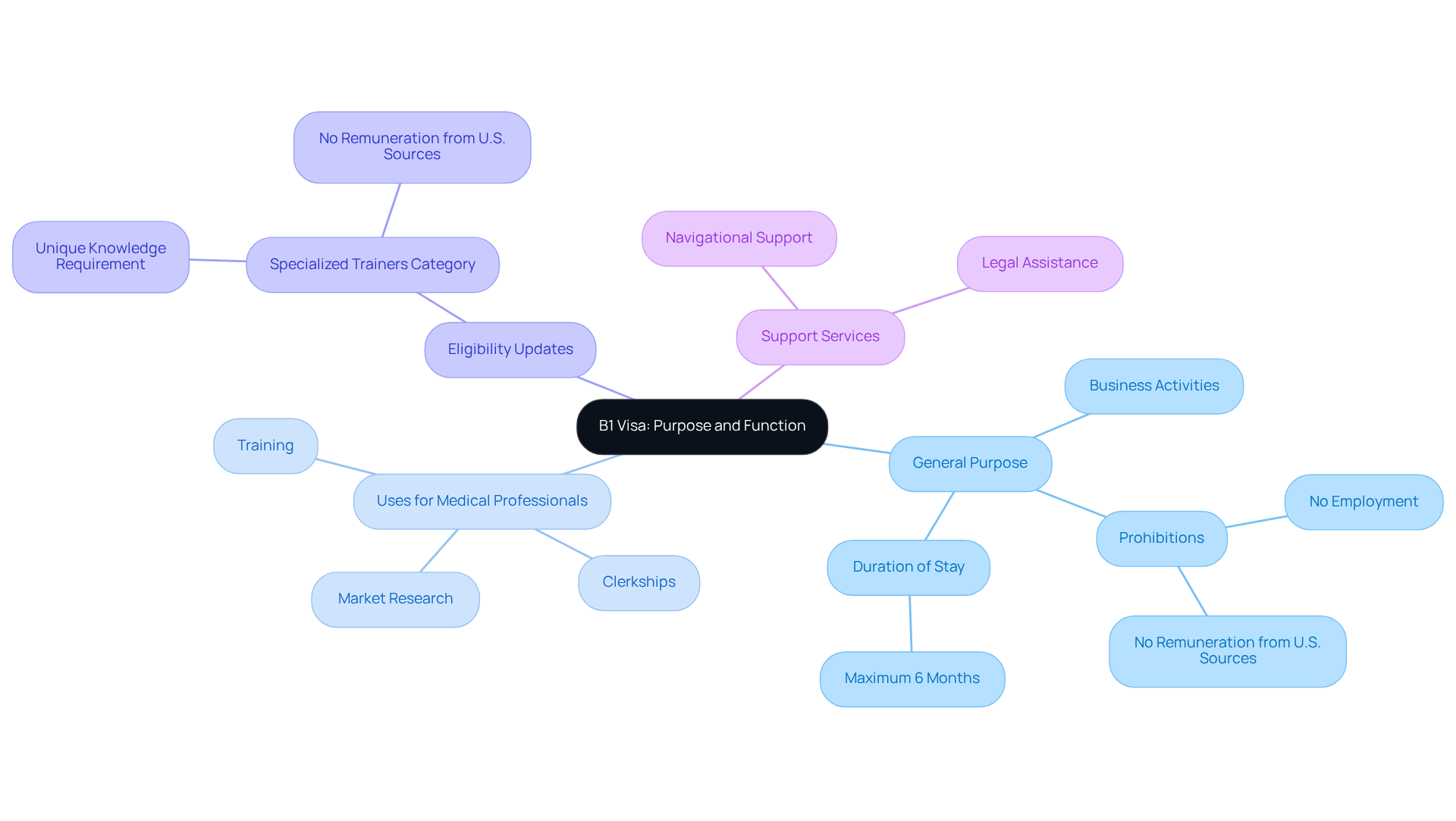 The center represents the [[[[[[B1 visa](https://vasquezlawnc.com/practice-areas/immigration/family-based)](https://vasquezlawnc.com/practice-areas/immigration/family-based)](https://vasquezlawnc.com/practice-areas/immigration/family-based)](https://vasquezlawnc.com/practice-areas/immigration/family-based)](https://vasquezlawnc.com/practice-areas/immigration/family-based)](https://vasquezlawnc.com/practice-areas/immigration/family-based), and each branch shows different aspects of its purpose and function. Follow the branches to explore how the visa applies to various activities and groups.