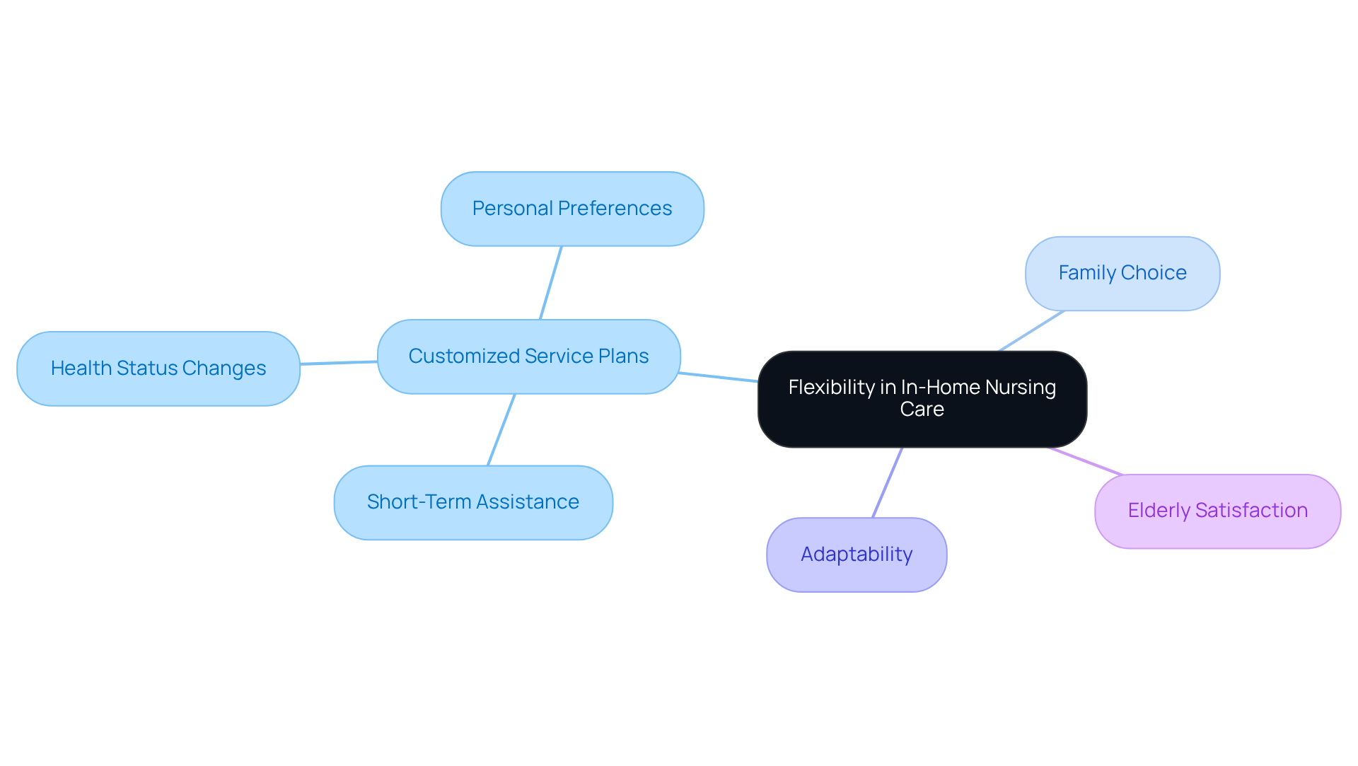 The center represents the main theme of flexibility, while the branches show how different aspects contribute to effective care planning. Each branch highlights essential factors that help elderly individuals receive the support they need.