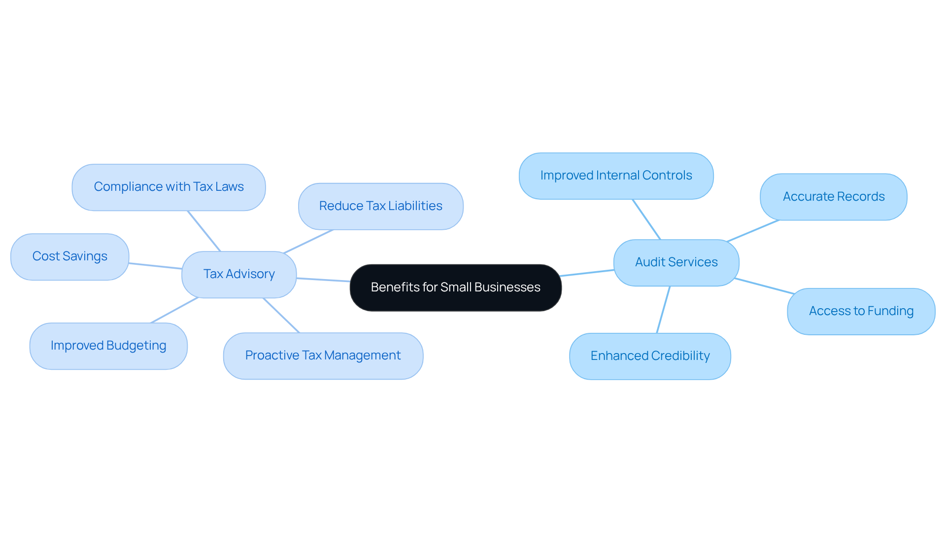 The central node represents the overall topic, while the branches show the two main services. Each sub-branch highlights specific benefits, helping you see how each service supports small businesses. The central node represents the overall topic, while the branches show the two main services. Each sub-branch highlights specific benefits, helping you see how each service supports small businesses.