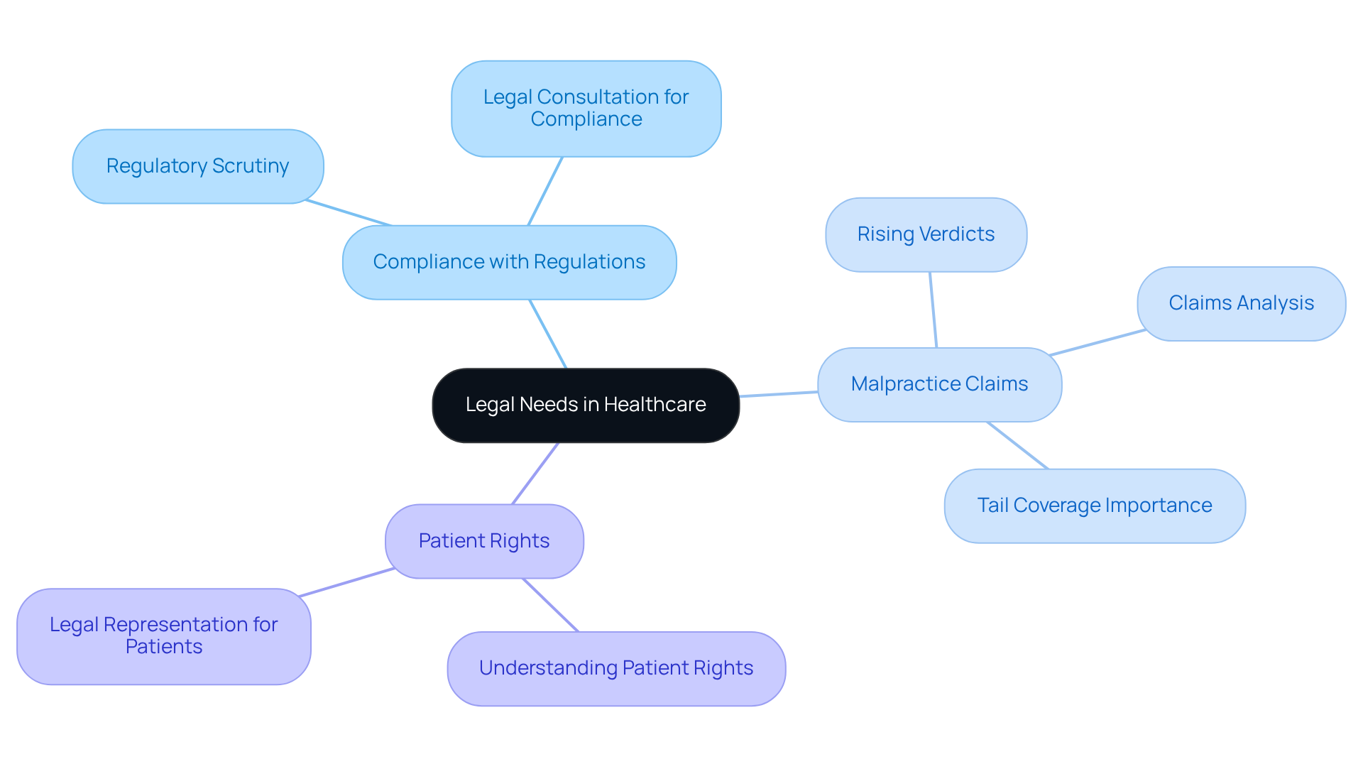 The central node represents the overall theme of legal needs in healthcare. Each branch shows a specific area of concern, helping you visualize the different aspects of medical law that may require legal attention.