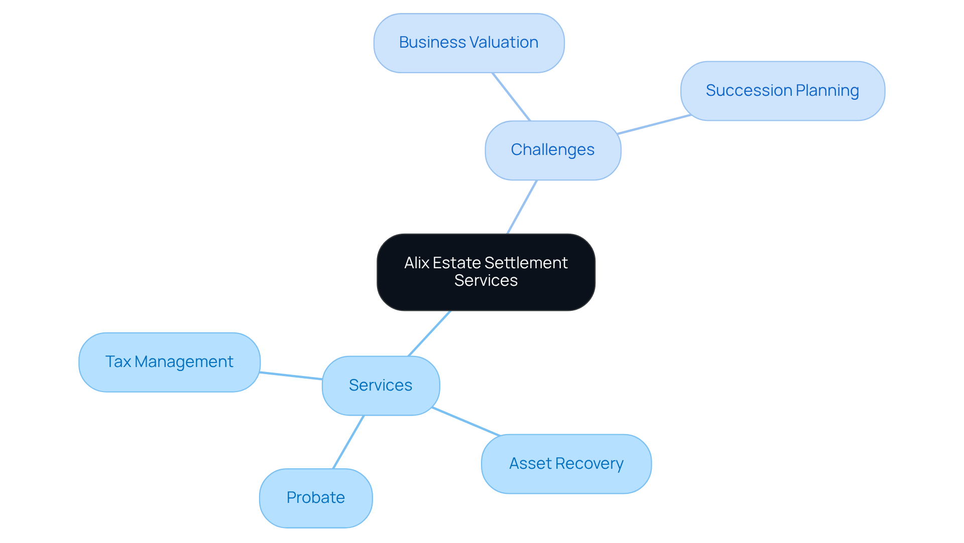 The center represents Alix's services, with branches showing specific services and challenges. Each branch helps you see how Alix supports families through the estate settlement process.