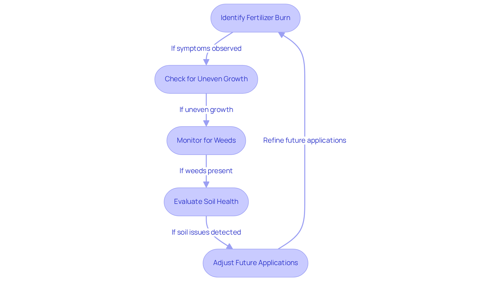 Each box represents a step in troubleshooting your lawn's fertilization problems. Follow the arrows to see what to do based on the symptoms you observe.