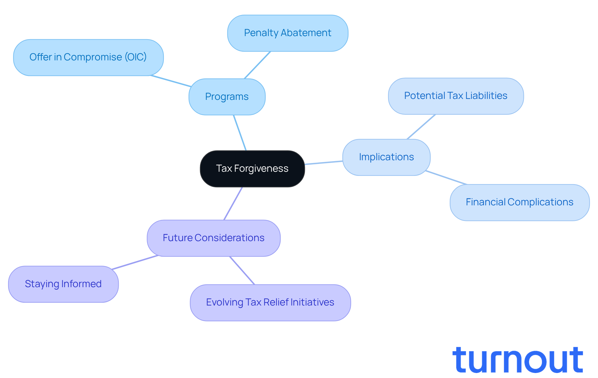 The central node represents tax forgiveness, with branches showing related programs and implications. Each color-coded branch helps you navigate through the different aspects of tax forgiveness. The central node represents tax forgiveness, with branches showing related programs and implications. Each color-coded branch helps you navigate through the different aspects of tax forgiveness.