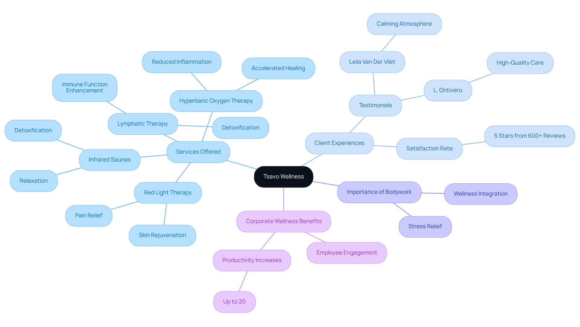 At the center is Tsavo Wellness, with branches showing different aspects of its services and benefits. Follow the branches to explore how each area contributes to the overall theme of relaxation and well-being.
