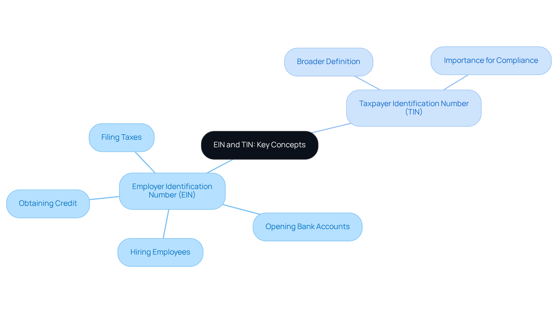 The central node represents the main topic, while the branches show the specific roles and definitions of EIN and TIN. Each color-coded section helps you see how these identifiers are used in business operations. The central node represents the main topic, while the branches show the specific roles and definitions of EIN and TIN. Each color-coded section helps you see how these identifiers are used in business operations.
