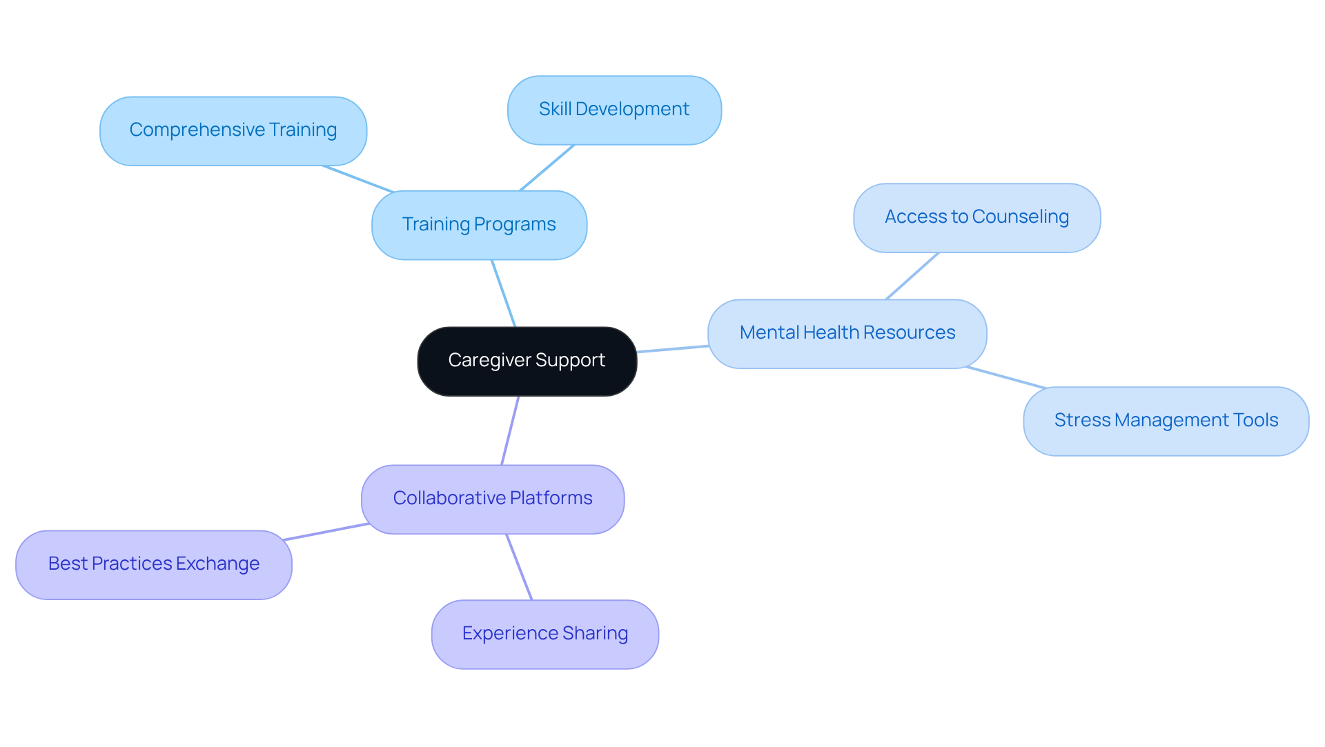 The central node shows the main focus on caregiver support, and the branches represent different resources and tools that contribute to this support. Each branch highlights how these elements work together to improve caregiver well-being and client outcomes. The central node shows the main focus on caregiver support, and the branches represent different resources and tools that contribute to this support. Each branch highlights how these elements work together to improve caregiver well-being and client outcomes.