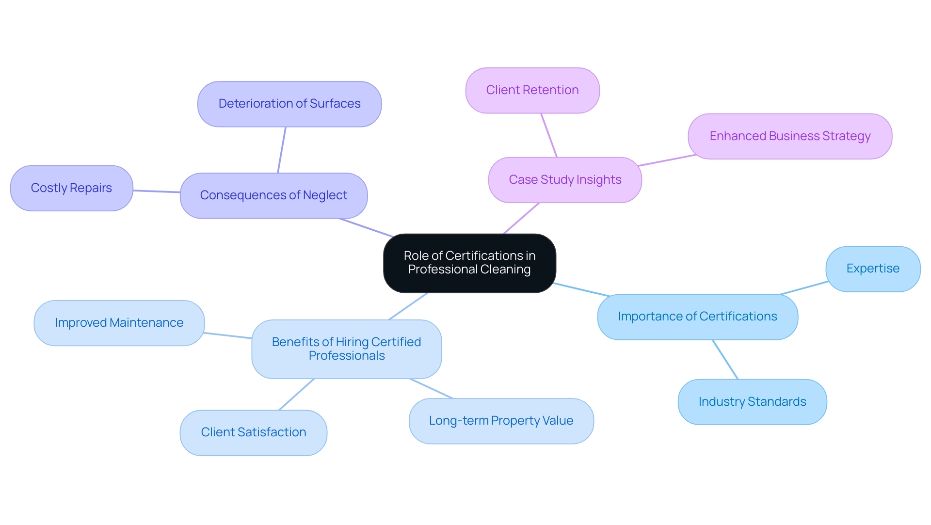 The central node represents the main topic; branches depict key themes with distinct colors for clarity.