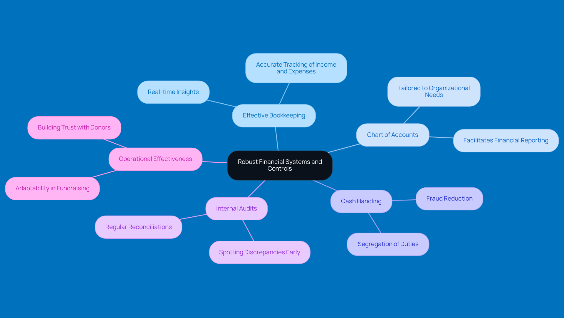 The center represents the main focus on financial systems, with branches showing different aspects like bookkeeping and audits. Each branch highlights important actions or considerations that contribute to financial health.