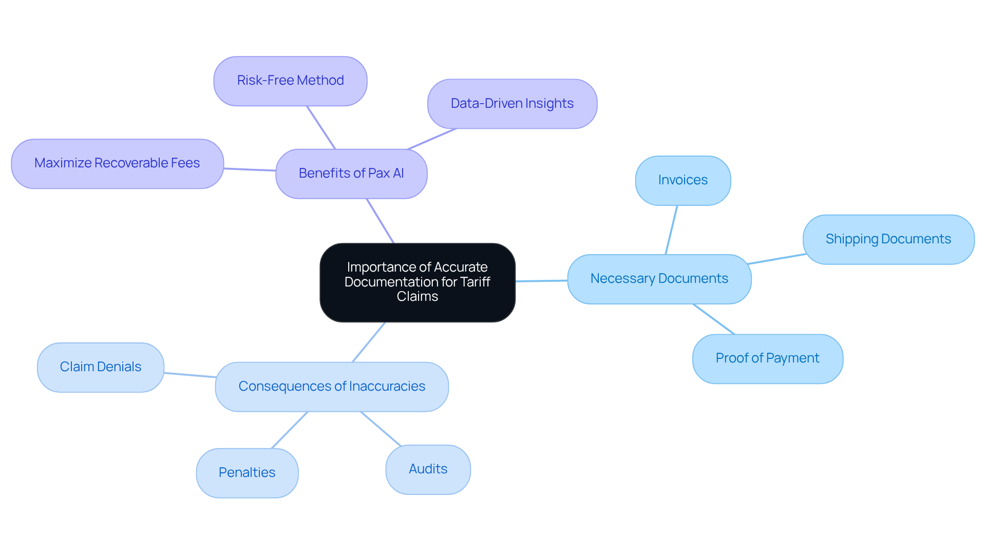 The central node represents the main topic, while branches show related areas. Each color-coded branch helps you see how different aspects connect to the importance of accurate documentation.