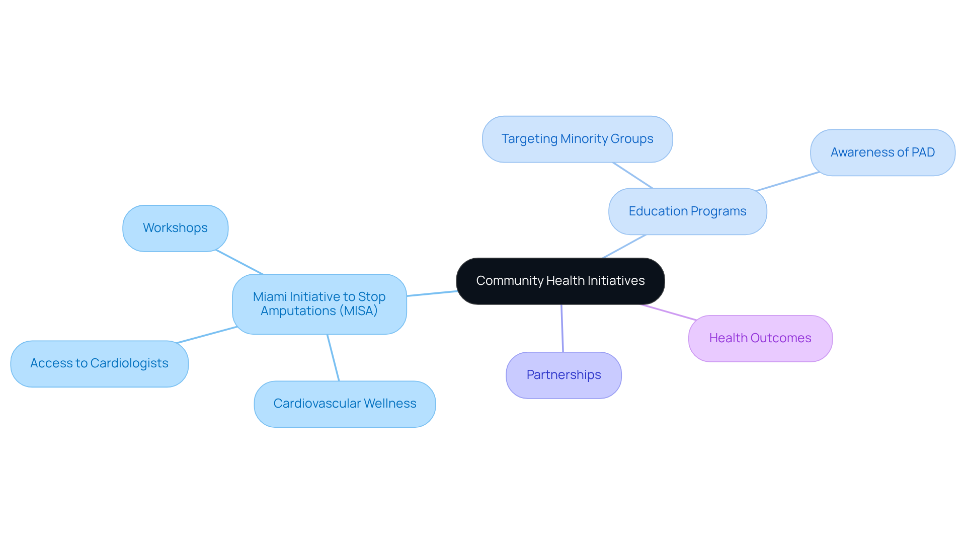 The central node represents the overall goal of improving community health, while the branches show specific initiatives and focus areas. Each color-coded branch helps you see how different aspects contribute to the main objective.