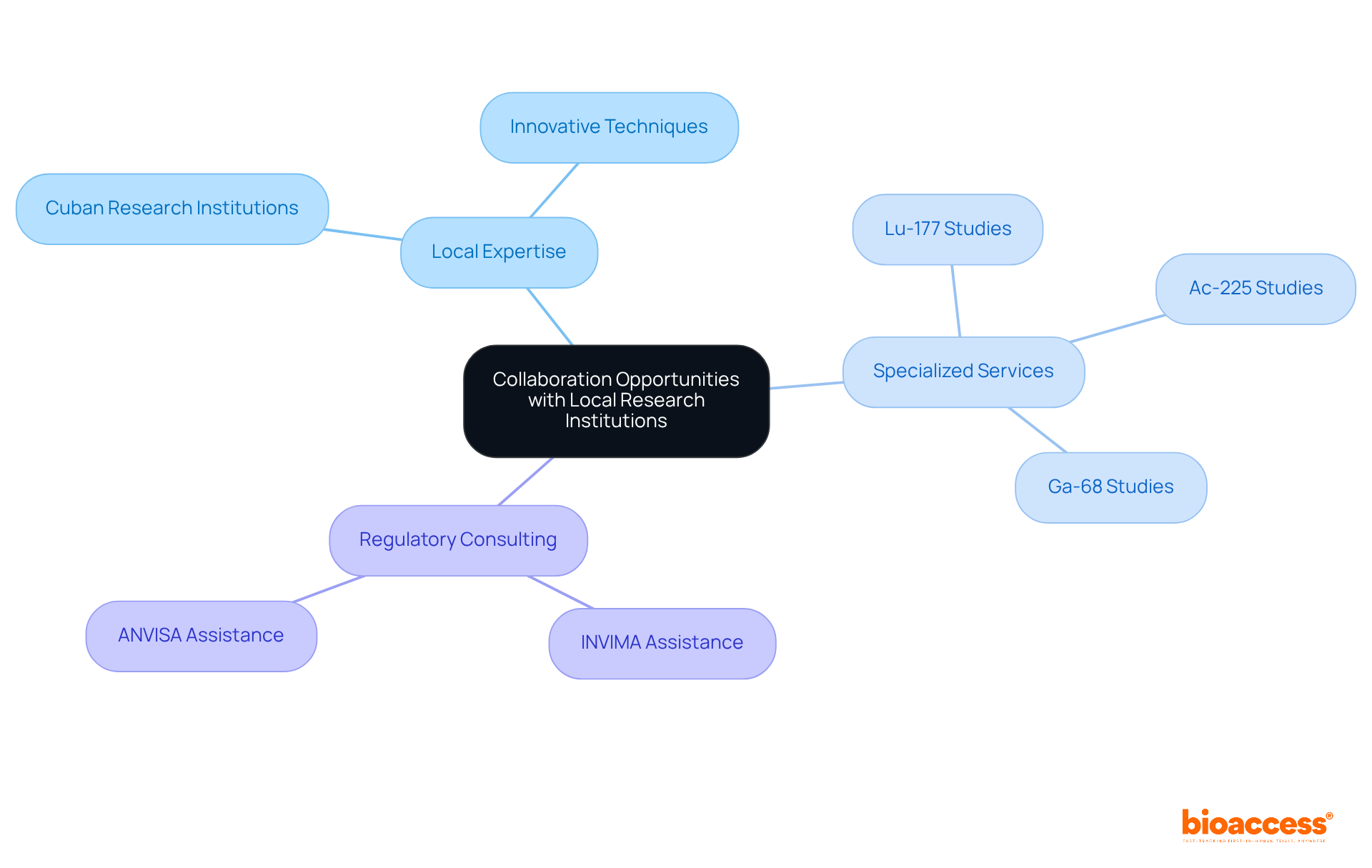 The central node represents the main theme of collaboration. Each branch shows different aspects of how local research institutions can support startups, with sub-branches detailing specific services and expertise available.