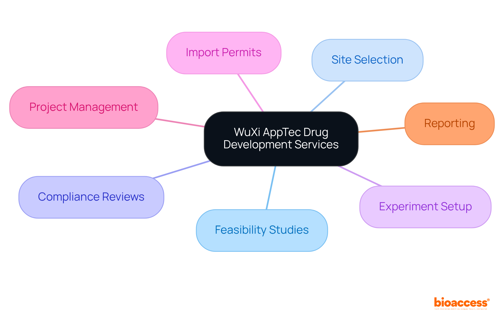 The center represents WuXi AppTec's focus on drug development, and each branch shows a specific service they provide, highlighting how they support clients in achieving efficient drug development.