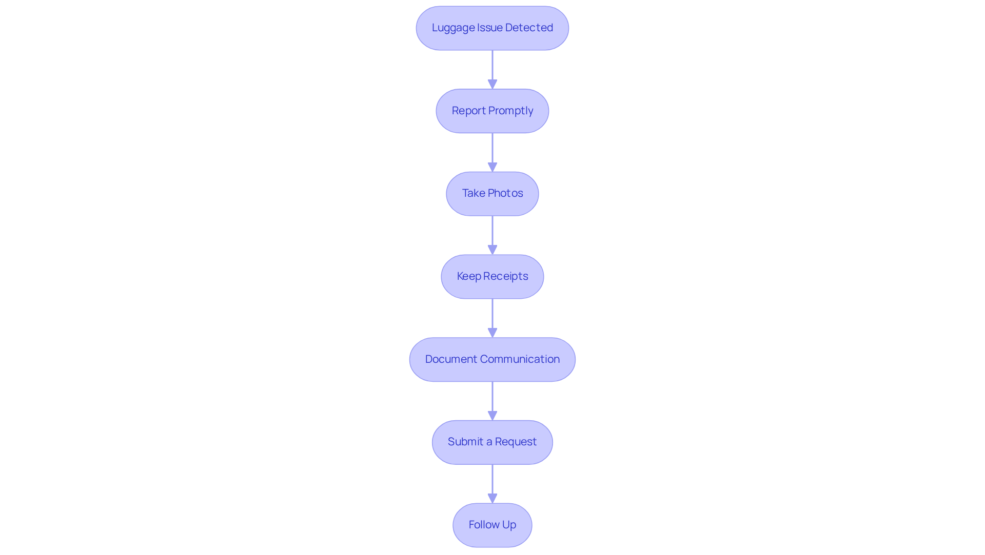 Each box represents a step you should take when dealing with luggage issues. Follow the arrows to see the order of actions you need to take, from reporting the problem to following up on your claim.