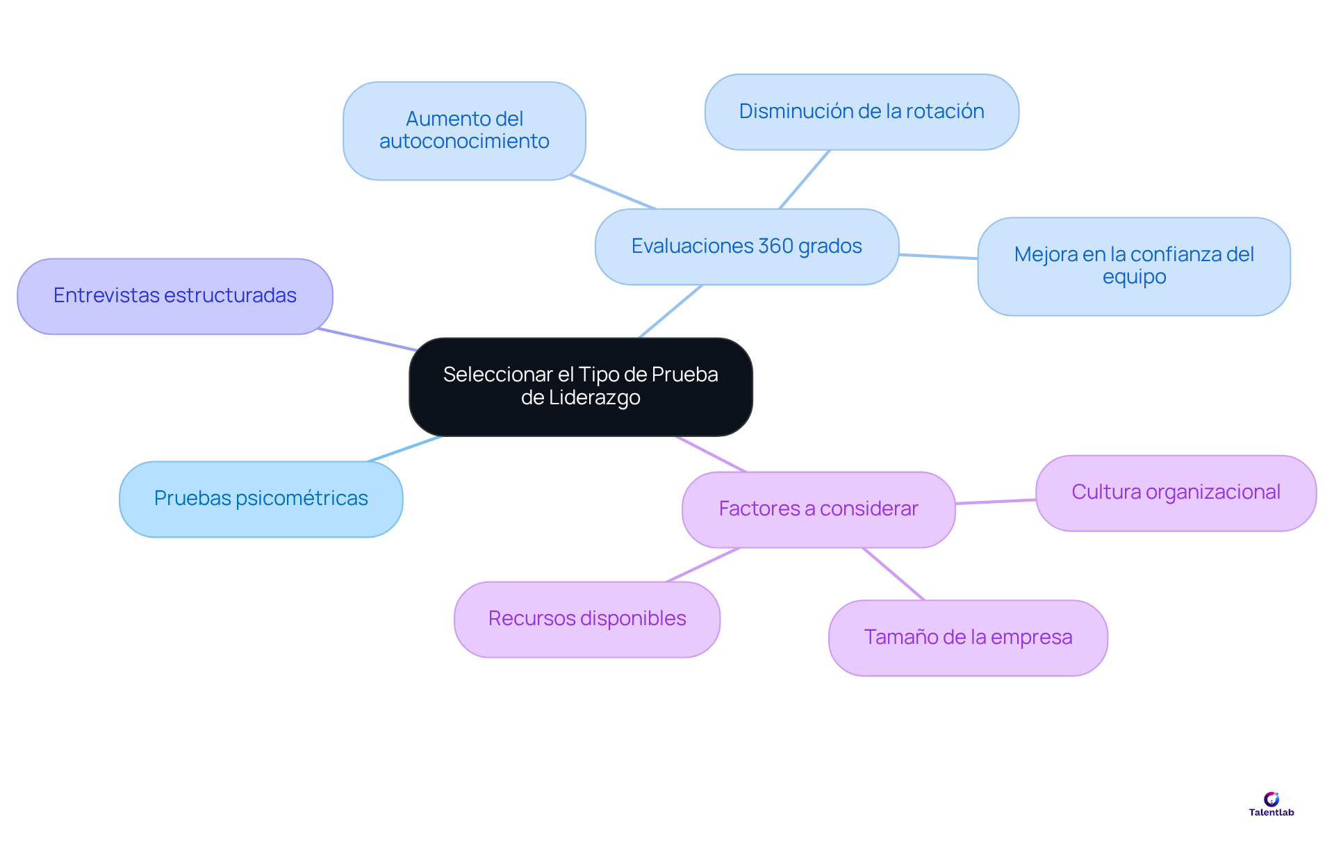 El nodo central muestra el tema principal, mientras que las ramas representan las diferentes opciones de pruebas y los factores a considerar. Sigue las ramas para entender cómo se relacionan las pruebas con las necesidades organizacionales.