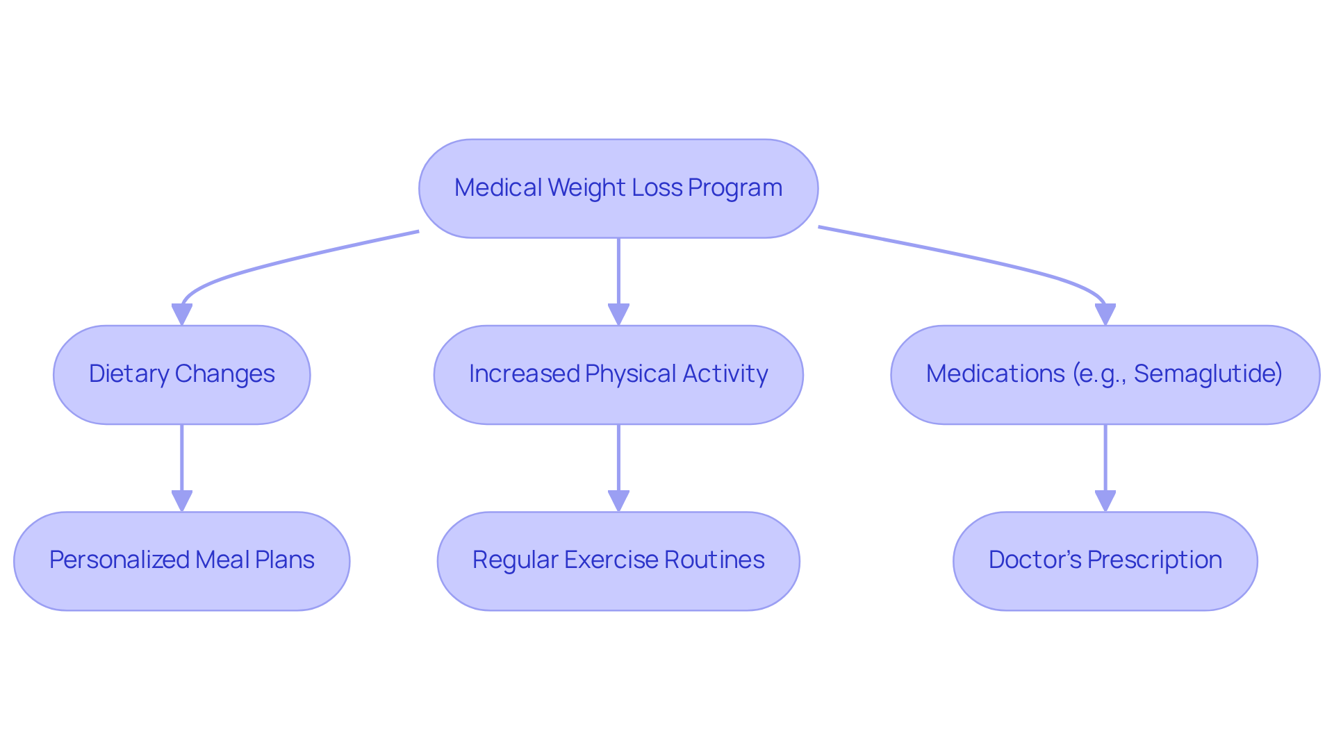 This flowchart illustrates the key components of a medical weight loss program. Start at the top with the program itself, then follow the arrows to see how dietary changes, physical activity, and medications work together to support your weight loss journey.