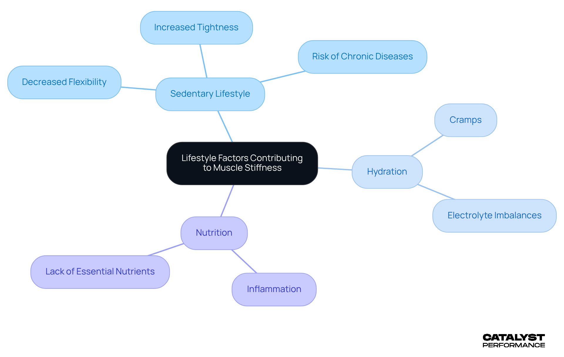 The central node represents the main topic, while the branches show different lifestyle factors. Each sub-branch explains how these factors contribute to muscle stiffness, helping you understand the connections and take action.