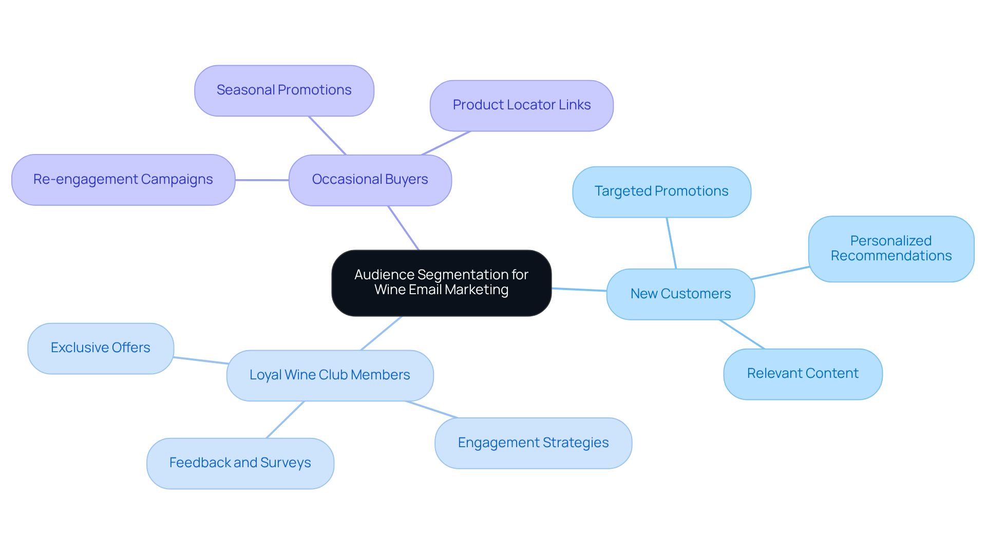 Start in the center with audience segmentation. Each branch shows a different customer type, and the sub-branches explain how to engage them effectively — it’s all about making your messages resonate!