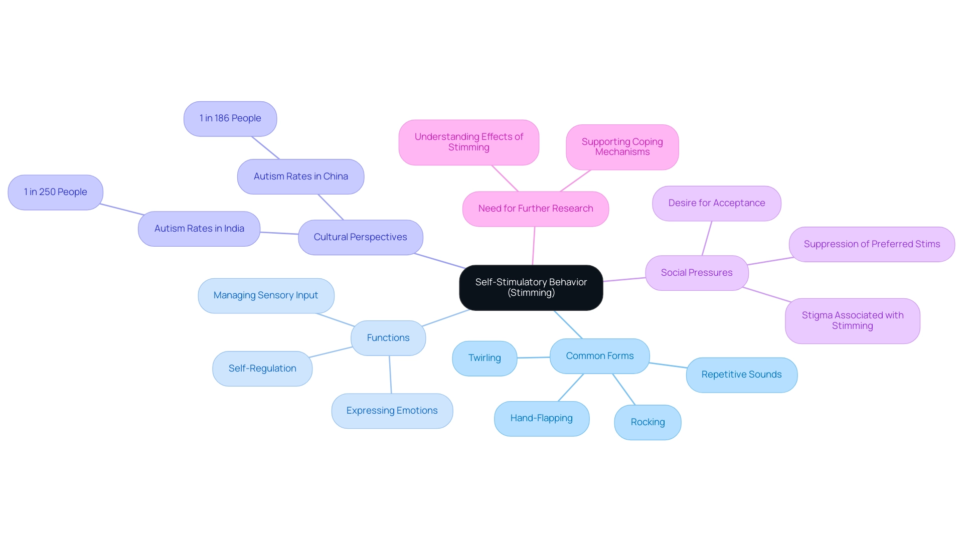 The central node represents self-stimulatory behavior, with branches illustrating common forms, functions, and cultural perspectives related to autism.