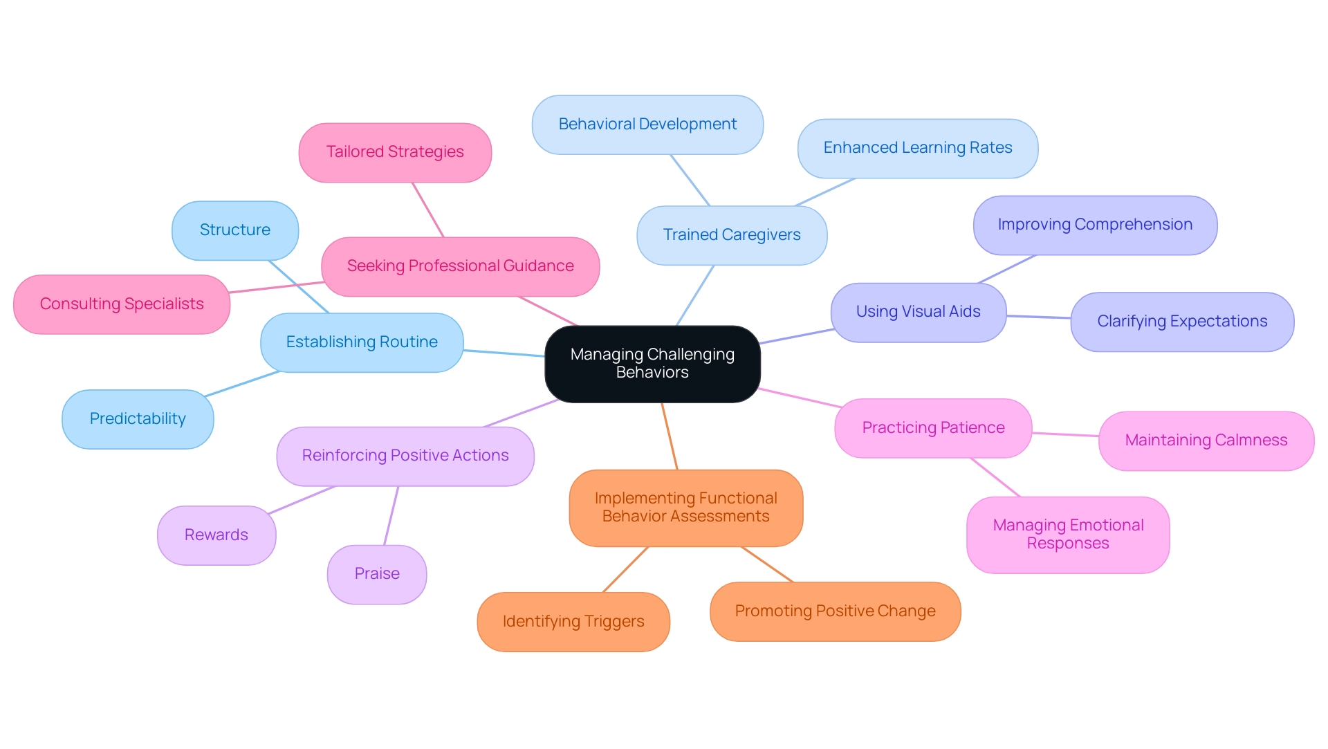 Each branch represents a strategy for managing behaviors, with colors indicating different categories of strategies.