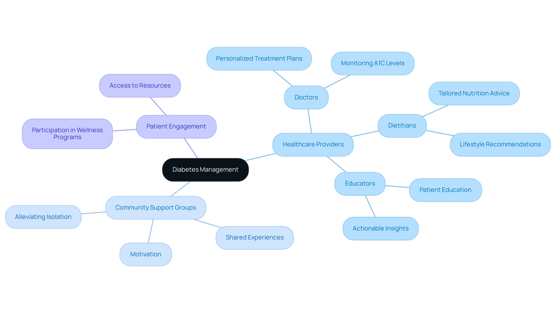 The central node represents diabetes management, with branches for healthcare providers, community support, and patient engagement, each color-coded for clarity.