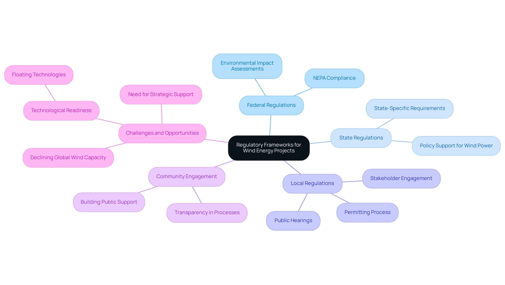 The central node represents the overall regulatory framework, with branches illustrating federal, state, and local regulations, and sub-branches detailing specific compliance requirements and processes.