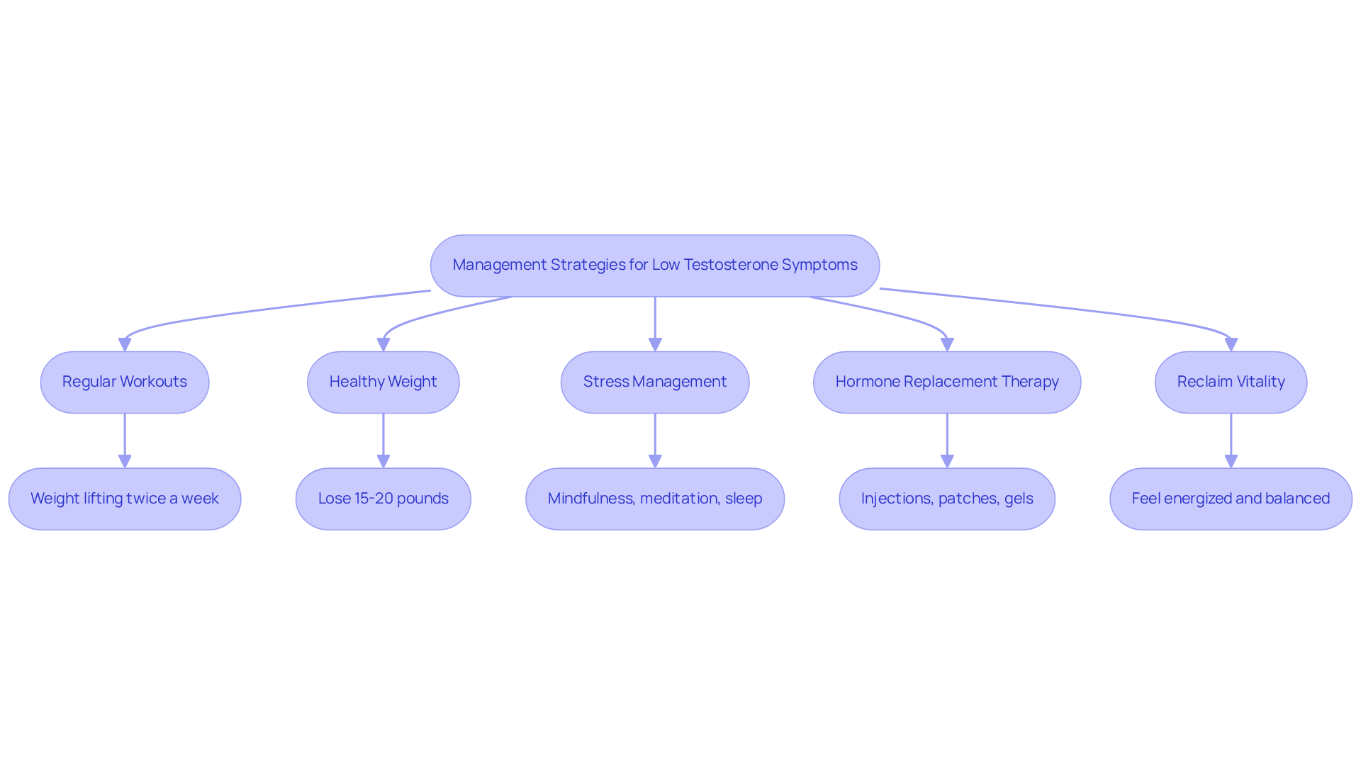This flowchart outlines the steps you can take to manage low testosterone symptoms. Each box represents a strategy, and the arrows show how these strategies connect to help you feel better and regain your energy. This flowchart outlines the steps you can take to manage low testosterone symptoms. Each box represents a strategy, and the arrows show how these strategies connect to help you feel better and regain your energy.