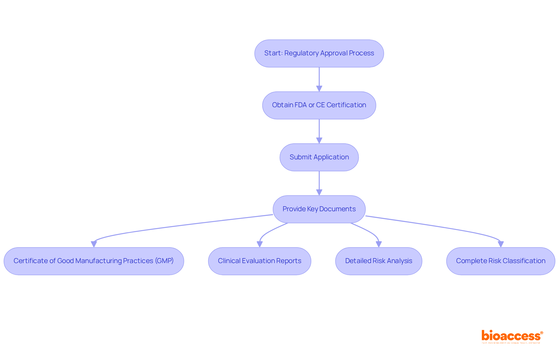 Follow the arrows to see the steps needed for regulatory approval in Mexico. Each box represents a stage in the process, and the sub-boxes show the key documents required at that stage.