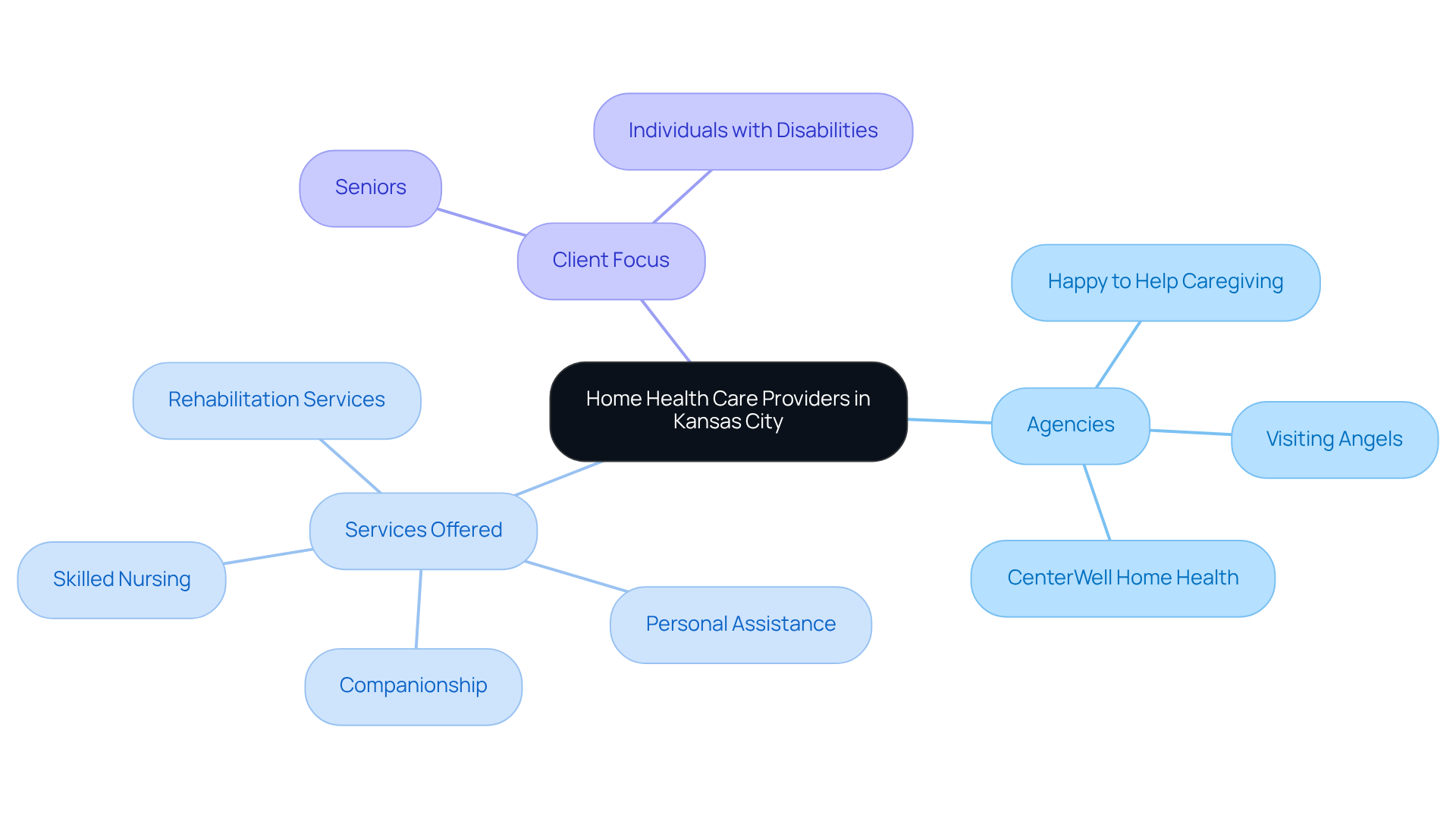 The central node represents the main topic, while the branches show different agencies and the services they provide. Each color-coded branch helps you see the variety of options available for home health care.