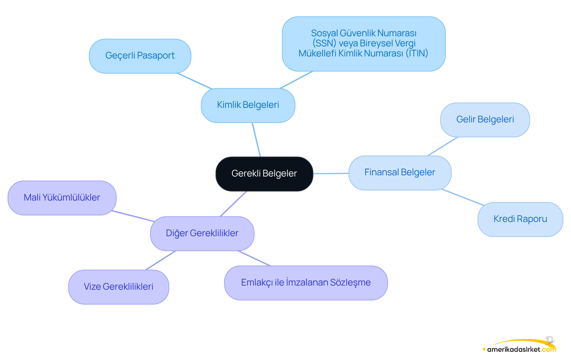 Merkezdeki başlık, gerekli belgeleri temsil ediyor. Dallar, her belge grubunu gösteriyor. Renkler, belgelerin kategorilerini ayırt etmeye yardımcı oluyor.
