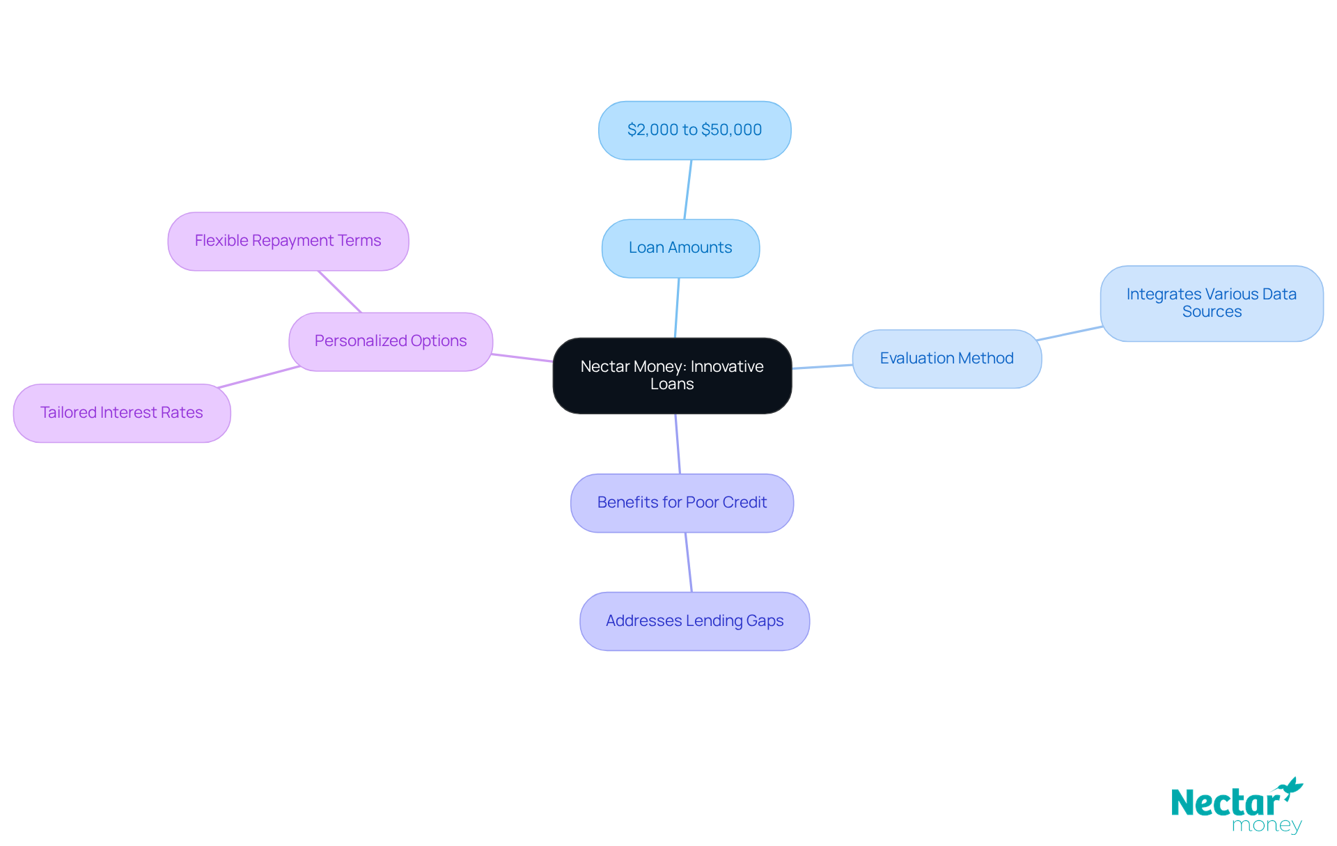 The central node represents Nectar Money's unique loan offerings, while the branches show different aspects of their service. Each branch highlights how they cater to diverse financial needs, especially for those with poor credit. The central node represents Nectar Money's unique loan offerings, while the branches show different aspects of their service. Each branch highlights how they cater to diverse financial needs, especially for those with poor credit.