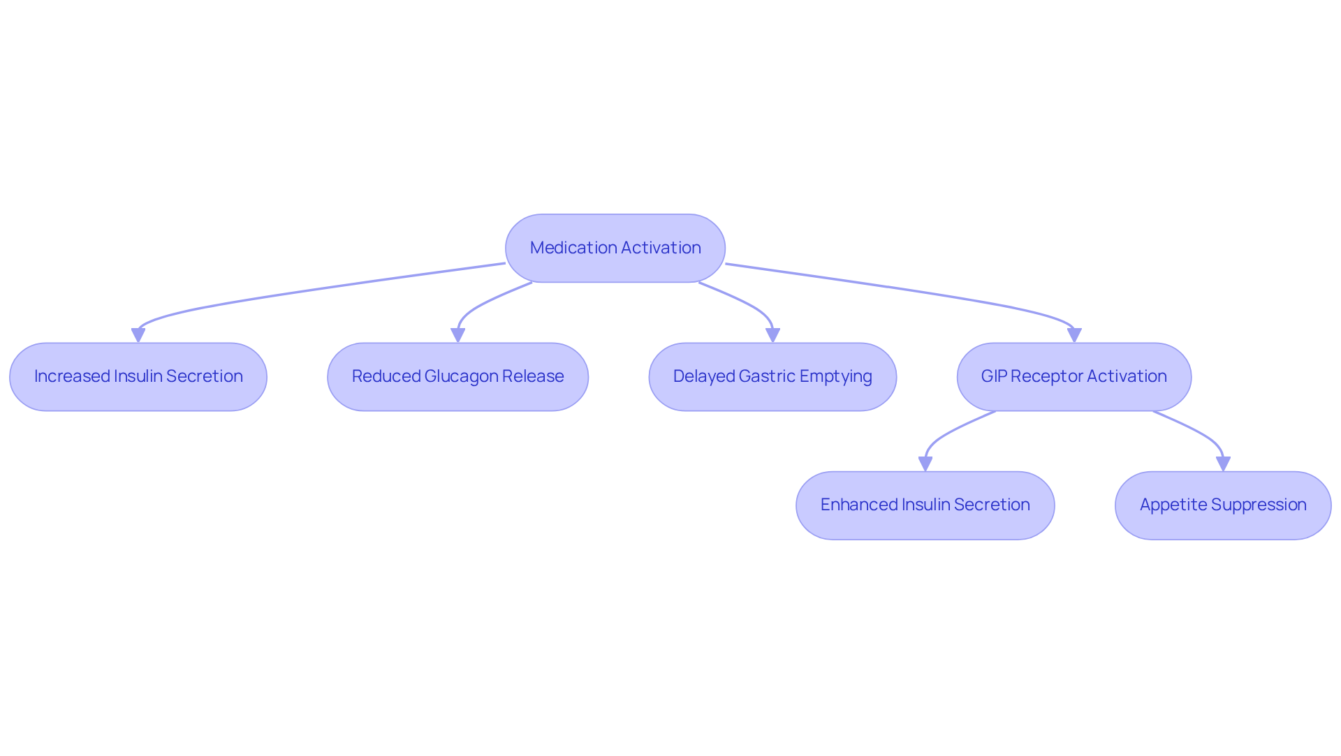Follow the arrows to see how the medication works step by step. Each box represents an action that helps manage blood sugar and appetite, showing how they all connect to improve effectiveness.