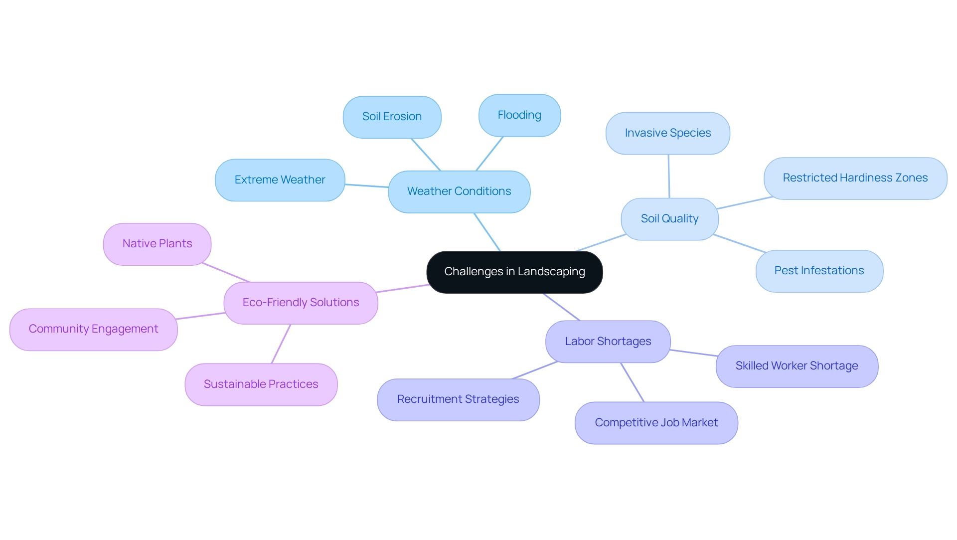Each main branch represents a category of challenges, with sub-branches detailing specific issues and solutions.