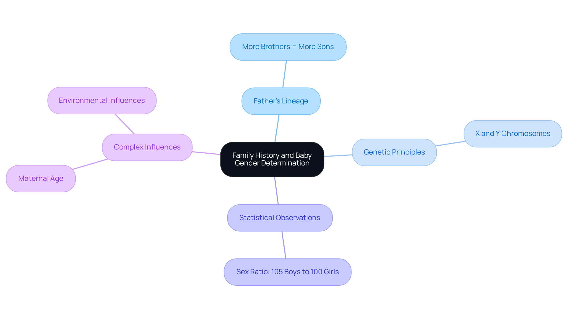 The central idea is about how family history might affect baby gender. Each branch shows different aspects: lineage, genetics, statistics, and other factors that play a role. Follow the branches to understand the connections.