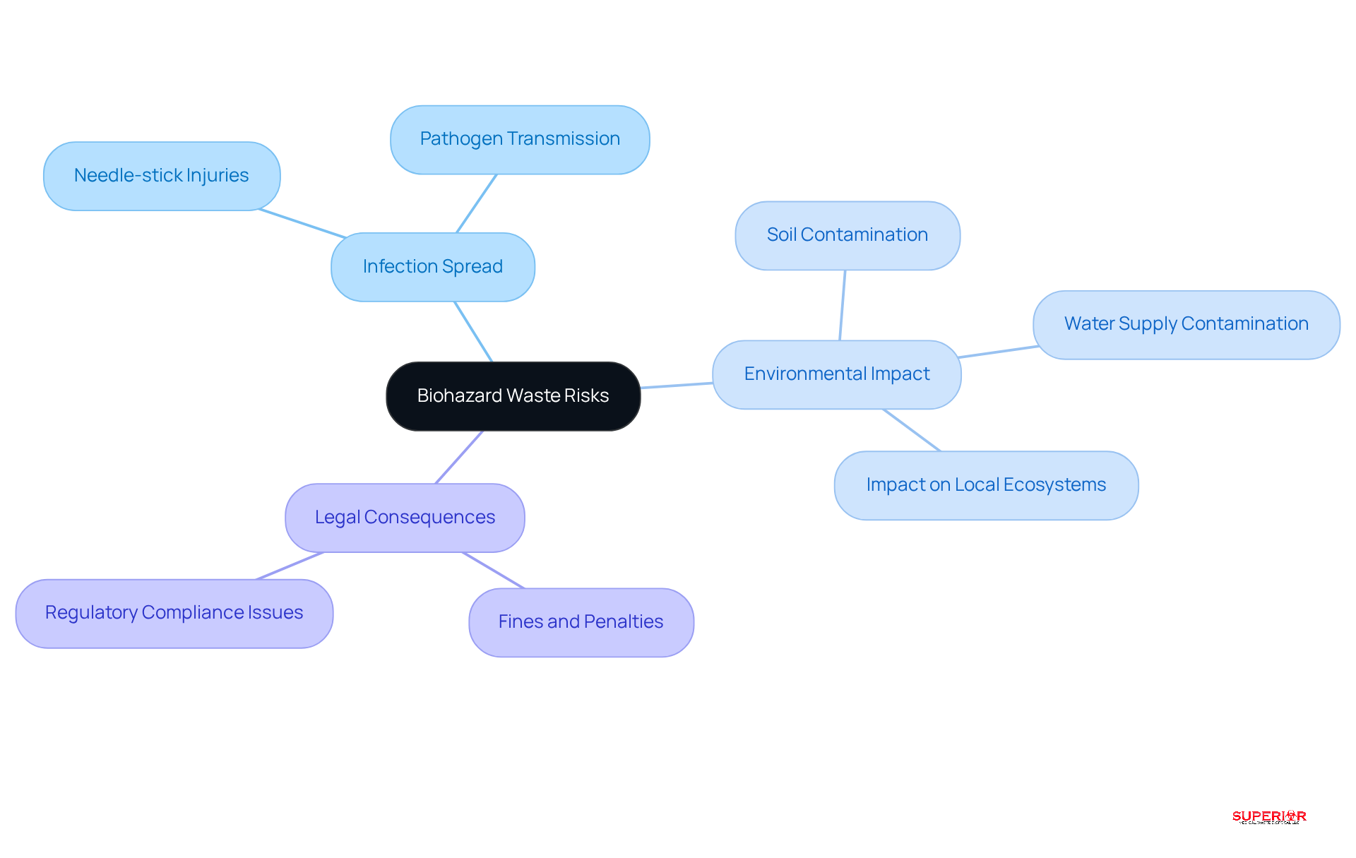 The central node represents the overall topic of biohazard waste risks. Each branch shows a specific risk category, and the sub-branches provide more details or examples related to those risks.