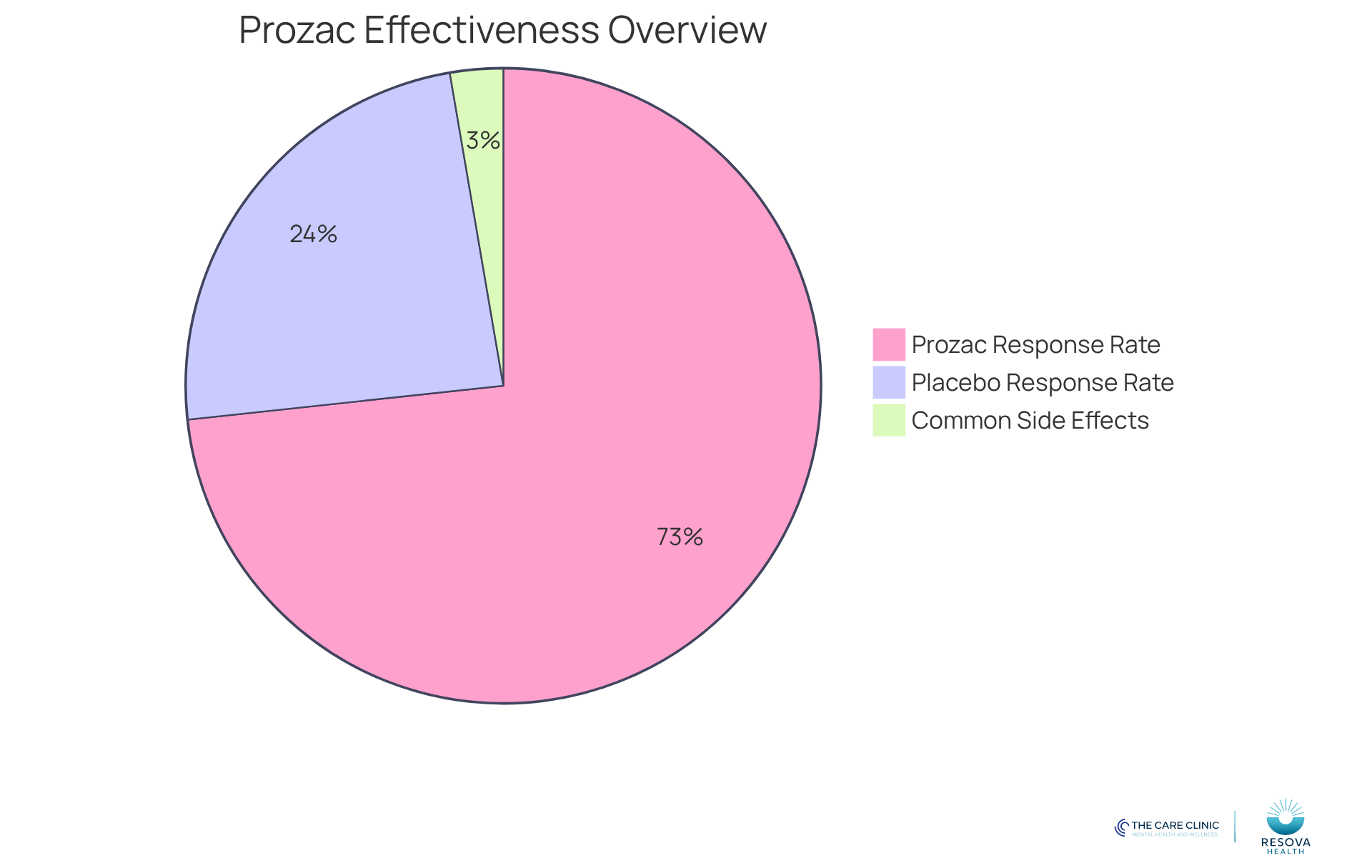 Each segment of the pie chart shows a different aspect of Prozac's impact: the larger the segment, the more significant the statistic. For example, the blue segment shows how many patients responded positively to Prozac compared to those on placebo. Each segment of the pie chart shows a different aspect of Prozac's impact: the larger the segment, the more significant the statistic. For example, the blue segment shows how many patients responded positively to Prozac compared to those on placebo.