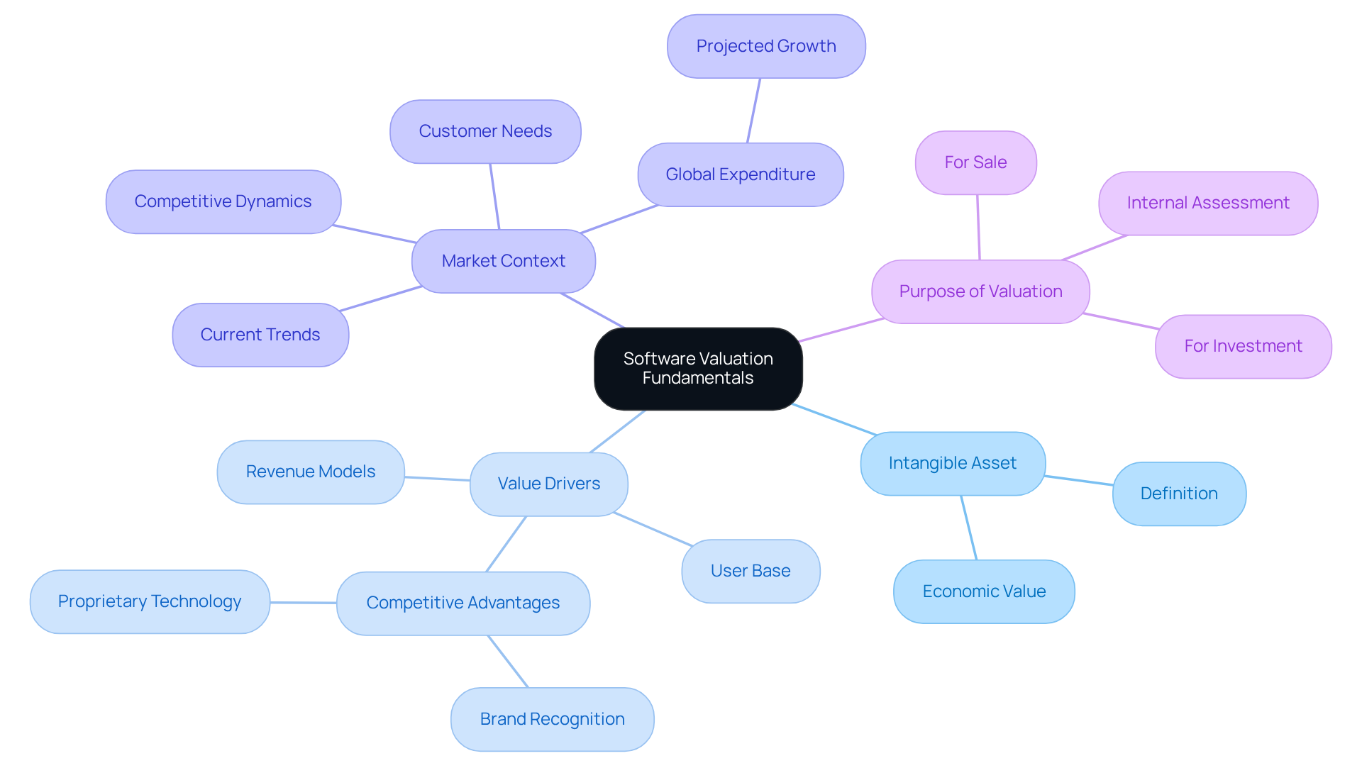 This mindmap starts with the core idea of software valuation and branches out into key areas that influence it. Each branch represents a fundamental aspect, helping you understand how they connect and contribute to the overall valuation process.
