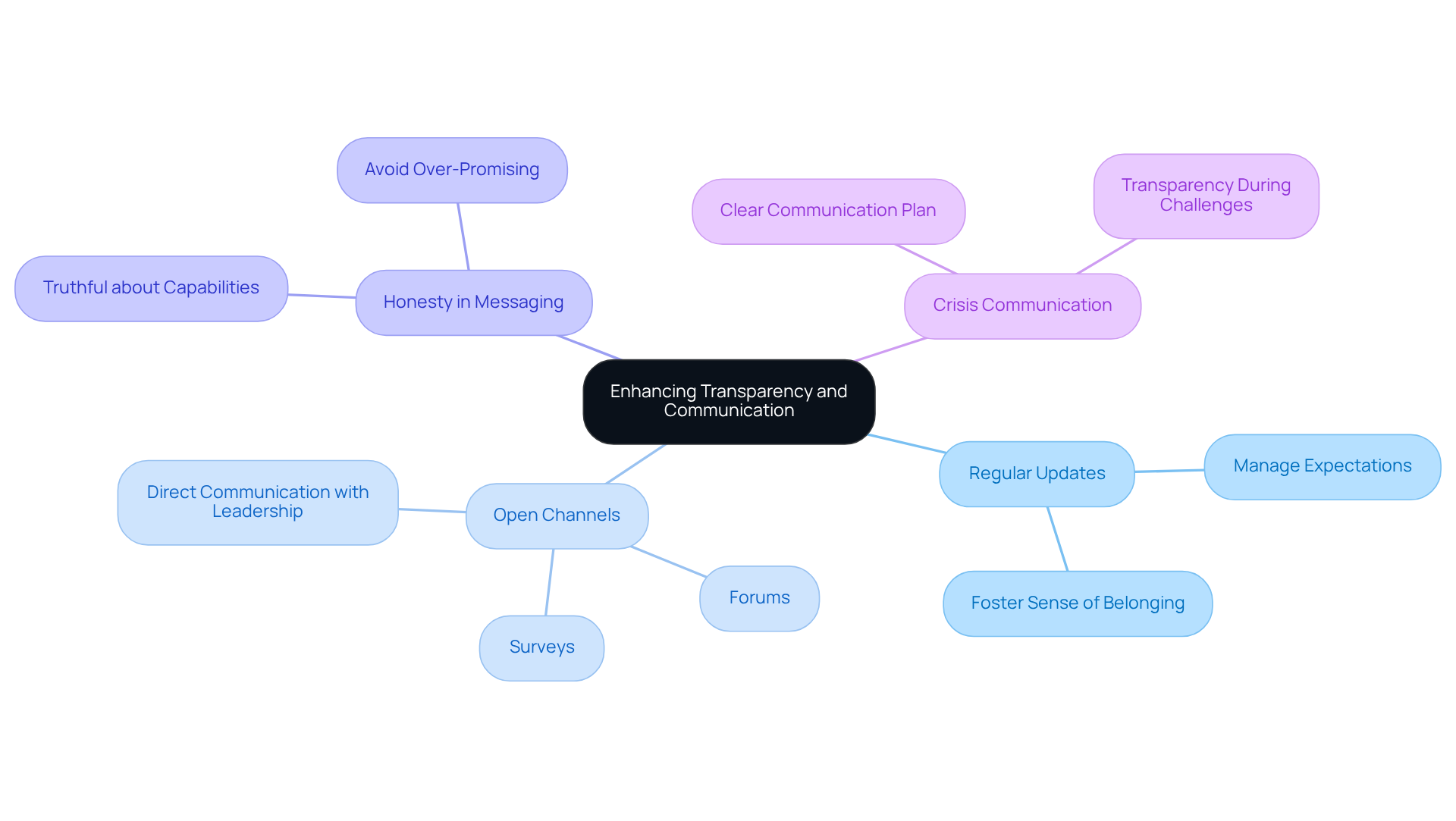 This mindmap shows how different practices contribute to building trust with stakeholders. Each branch represents a key practice, and the sub-branches provide more details on how to implement these practices effectively.