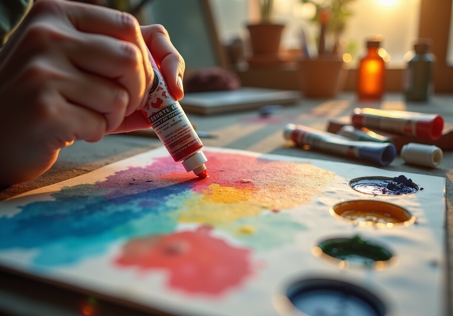 Vibrant Watercolor Tubes in an Artist's Studio
