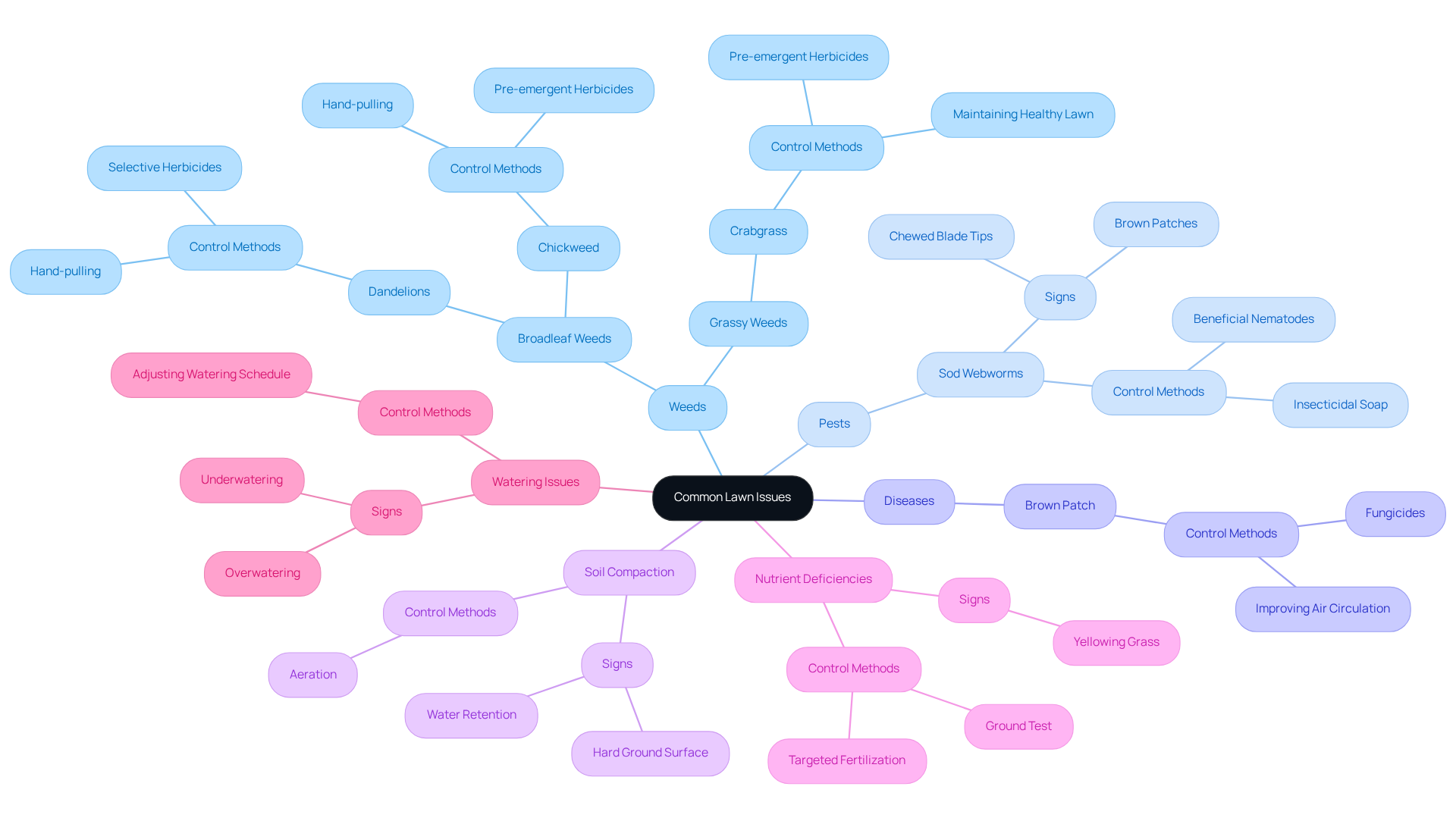 Start at the center with the main topic of lawn issues, then follow the branches to explore each specific problem and its recommended solution. Each color-coded branch helps you quickly identify the type of issue and the strategies to address it.