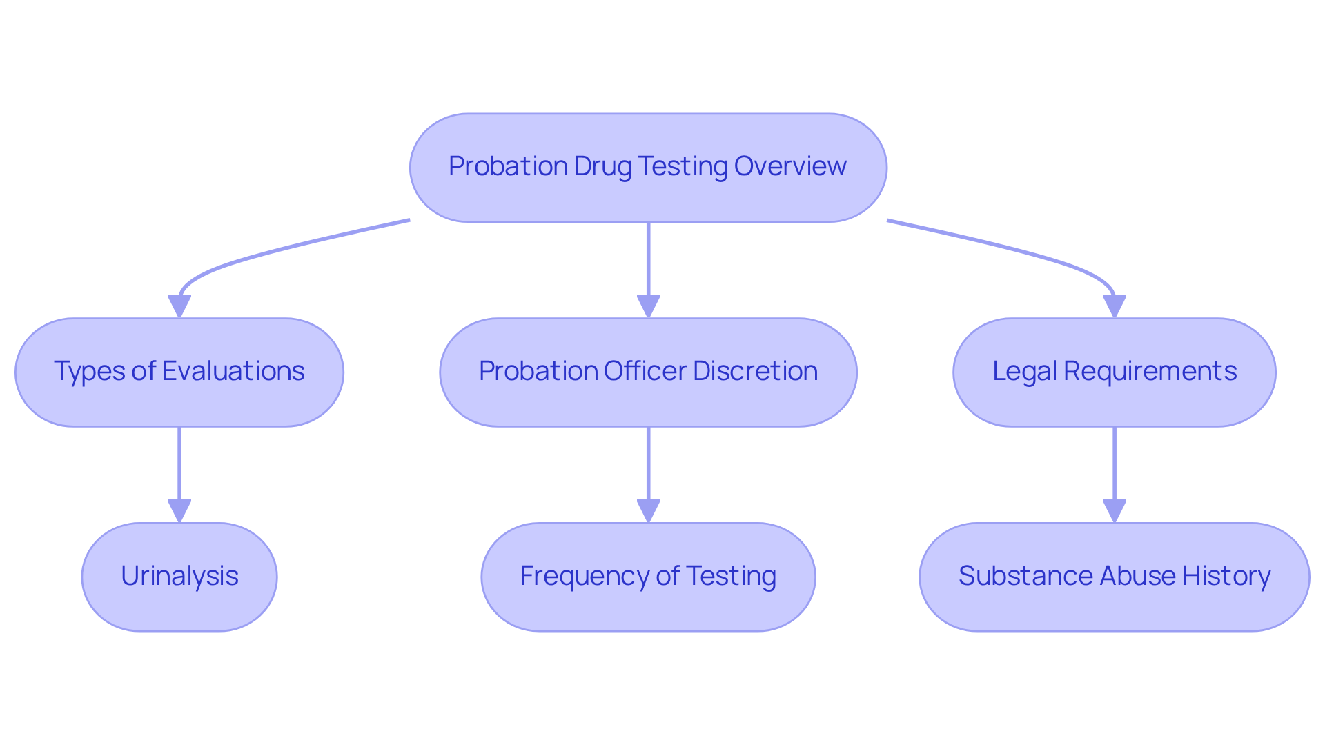 This flowchart outlines the steps and considerations for probation drug testing. Start at the top with the overview, then follow the arrows to see how evaluations, officer discretion, and legal requirements interact in the process.