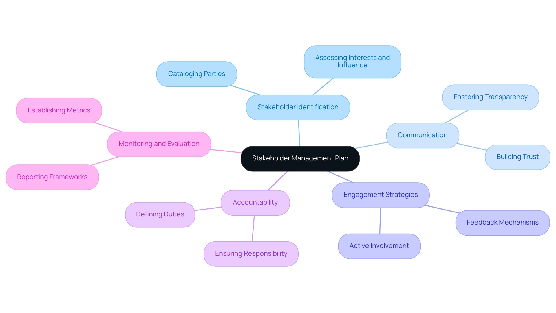 Each branch represents a key component of the stakeholder management plan, with sub-branches detailing specific actions or considerations related to each component.