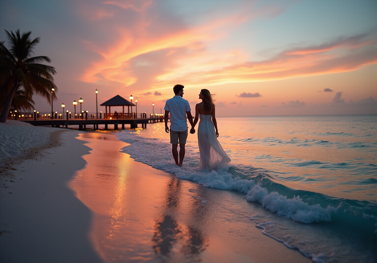 Romantic Stroll in the Maldives at Sunset