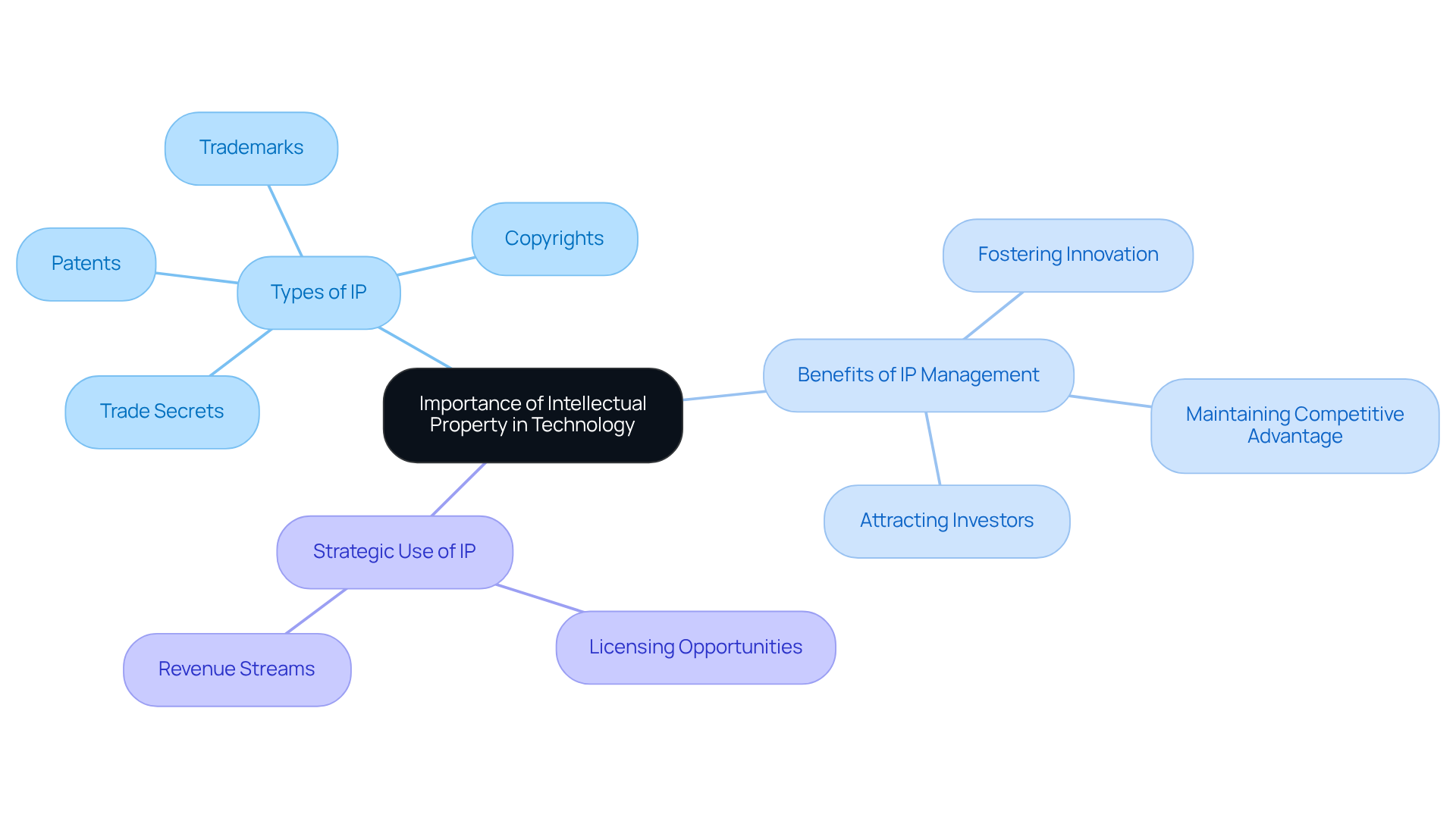 This mindmap illustrates how intellectual property is vital in the tech sector. Start at the center with the main idea, then explore the branches to see different types of IP, their benefits, and how they can be strategically used to foster growth and innovation.