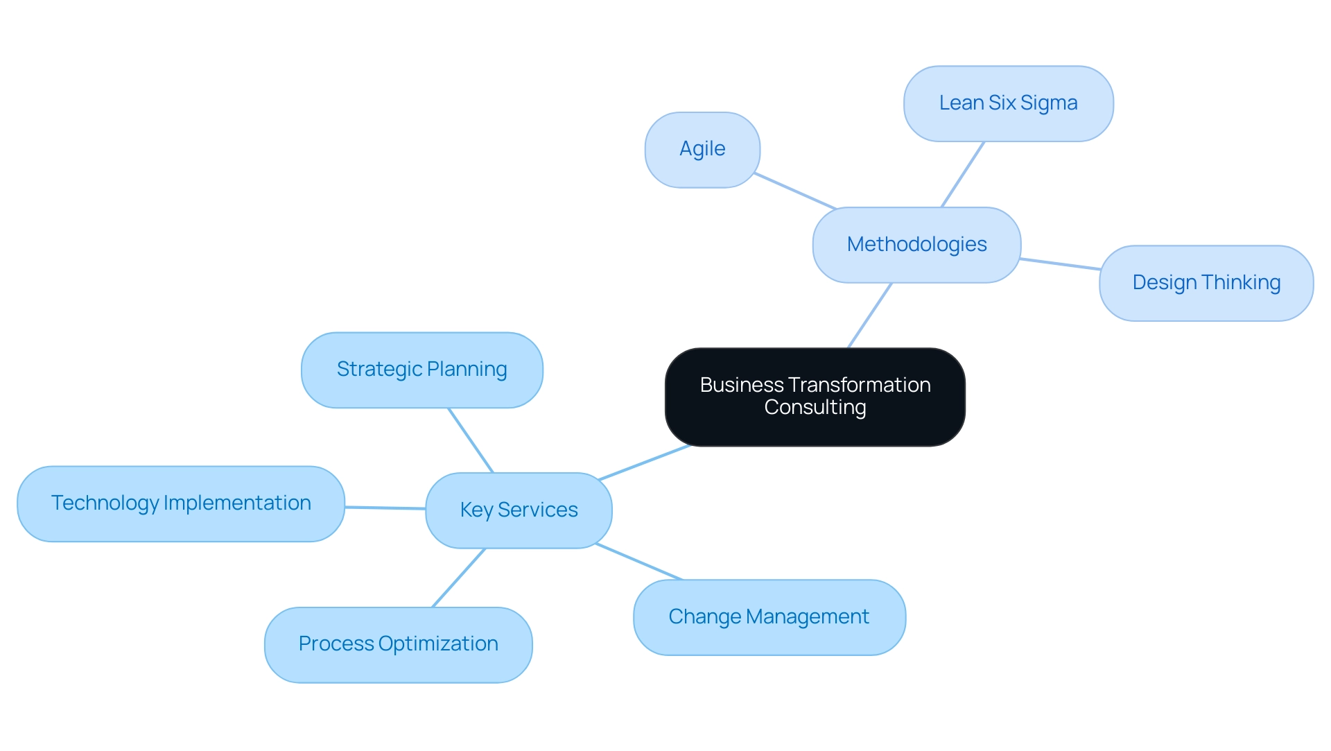 The central node represents business transformation consulting, with branches for key services and methodologies. Each color denotes a different category: services in one color and methodologies in another.