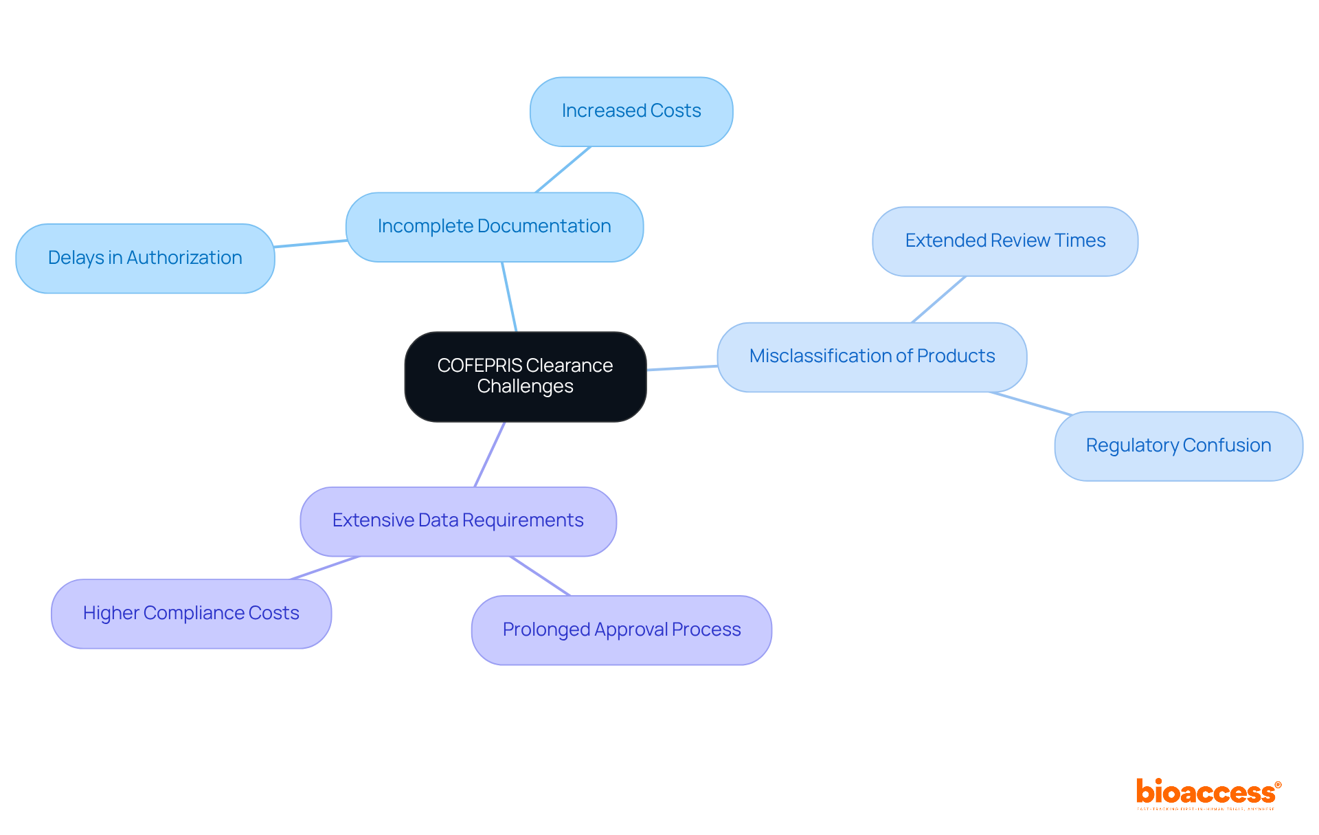 The central node represents the main challenges in the clearance process. Each branch shows a specific issue, and the sub-branches illustrate the consequences of these challenges, helping you understand how they interconnect. The central node represents the main challenges in the clearance process. Each branch shows a specific issue, and the sub-branches illustrate the consequences of these challenges, helping you understand how they interconnect.