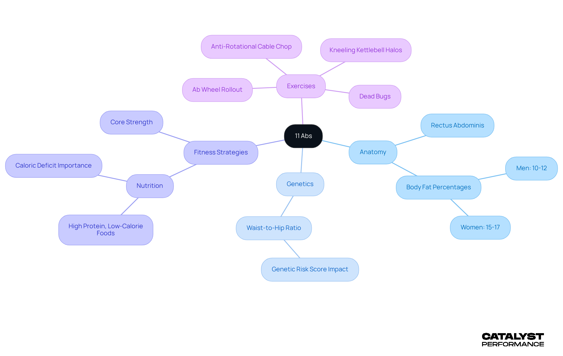 The central node represents the concept of '11 Abs', with branches showing related topics. Each branch dives deeper into aspects like anatomy, genetics, and effective exercises, helping you see how they all connect in your fitness journey. The central node represents the concept of '11 Abs', with branches showing related topics. Each branch dives deeper into aspects like anatomy, genetics, and effective exercises, helping you see how they all connect in your fitness journey.