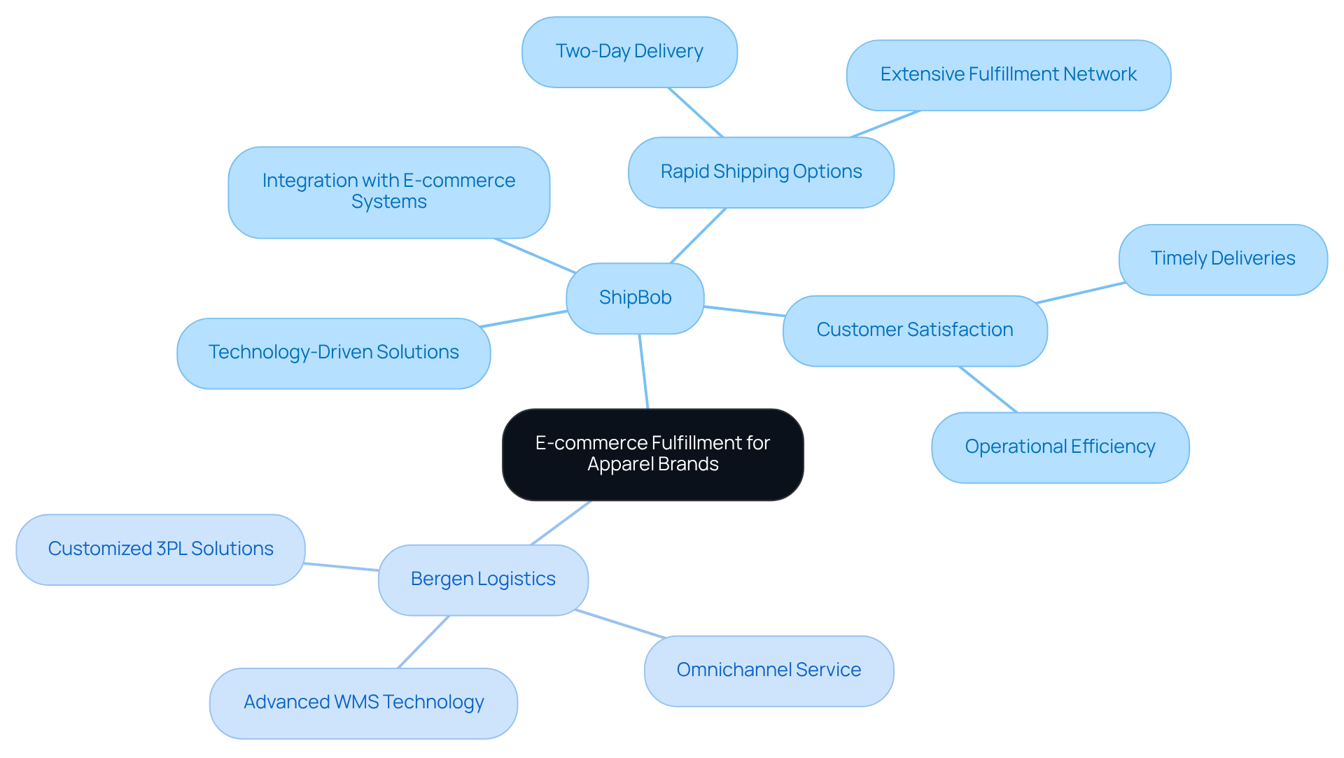 This mindmap shows the key players in the apparel e-commerce fulfillment space. Start at the center with the main topic, then explore the branches to see what each company offers and how they compare in meeting the needs of clothing brands.
