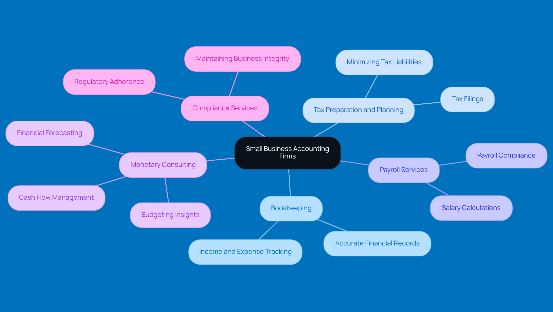 The center represents small business accounting firms, with branches showing different services they provide. Each service includes details that highlight its importance and functionality in aiding small businesses.
